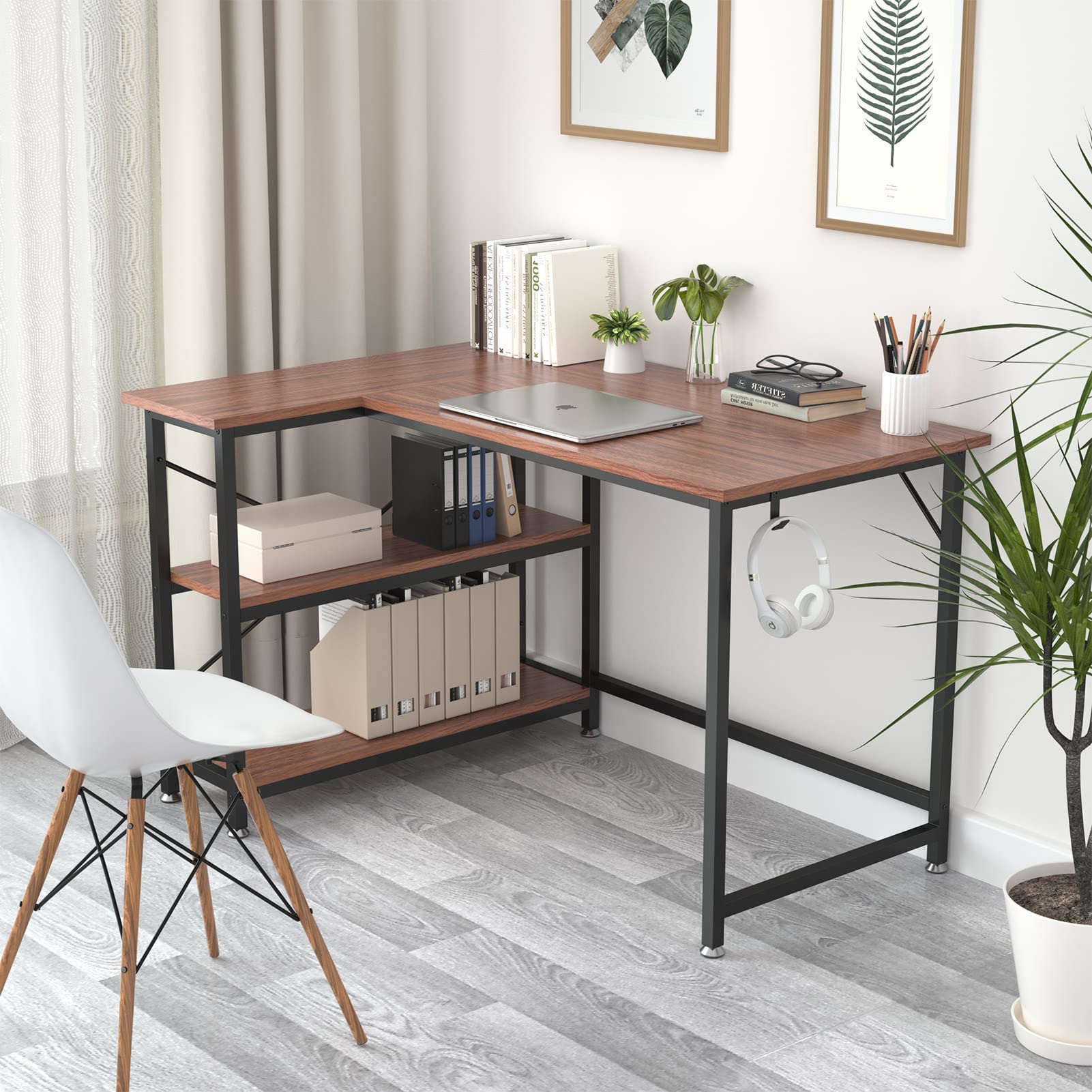 Pyraxis L Shaped Computer Desk, 47 Inch Gaming Desks with Hooks, Corner Desk with Storage Shelves, Office Desk for Small Space, Reversible Desks for Home Office, Walnut
