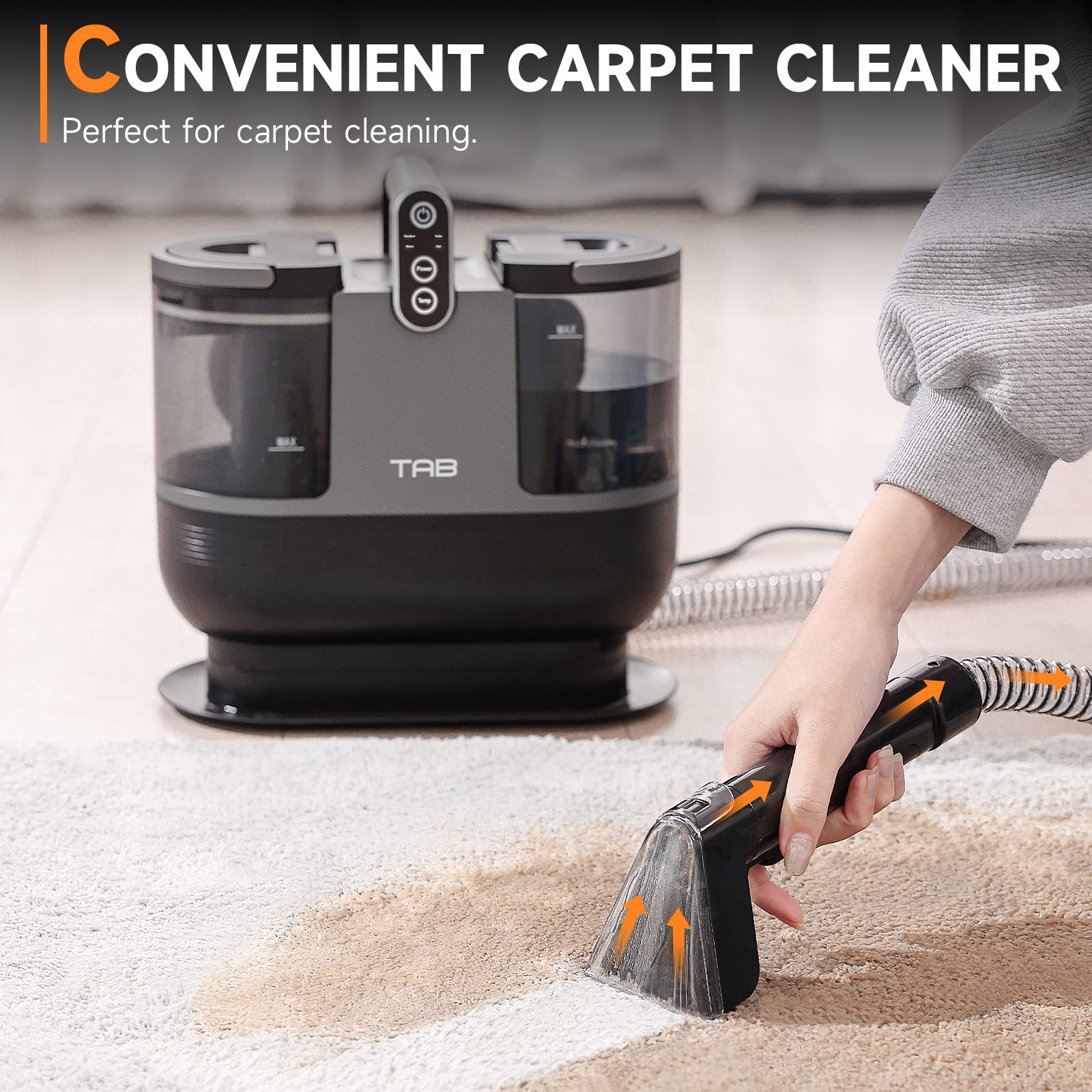 TAB Carpet Cleaner Machine, FastHeating Portable Upholstery Spot Cleaner Shampooer Machine, 14KPa Stain Remover Deep Cleaner for Pets,Stairs,Car Seat and Couch, Self-Cleaning, 140℉ Heat Wash, R6