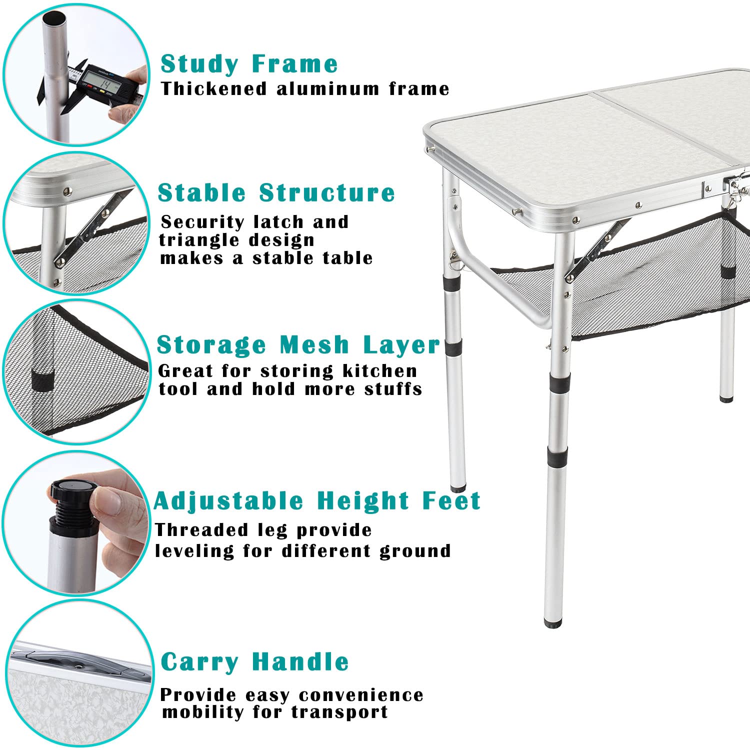 YihuiKo Little Folding Camping Table Portable Adjustable 3 Heights Lightweight Aluminum Folding Table for Outdoor Camp Picnic,23.6"x 15.8" 3 Heights