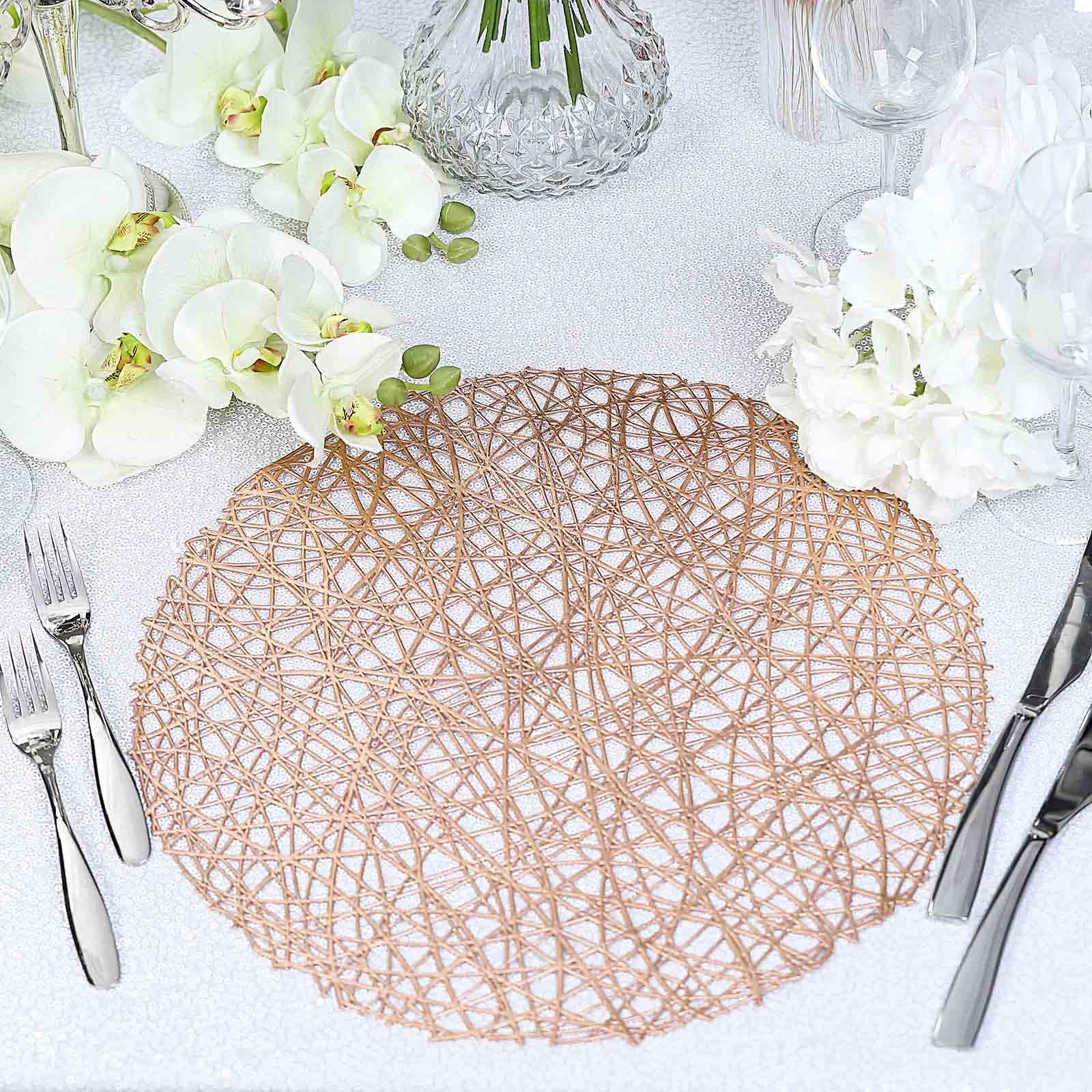 TABLECLOTHSFACTORY 6 Pack | 15" Rose Gold Round Woven Vinyl Placemats | Non Slip Dining Table Placemats for Wedding Events Birthday Party