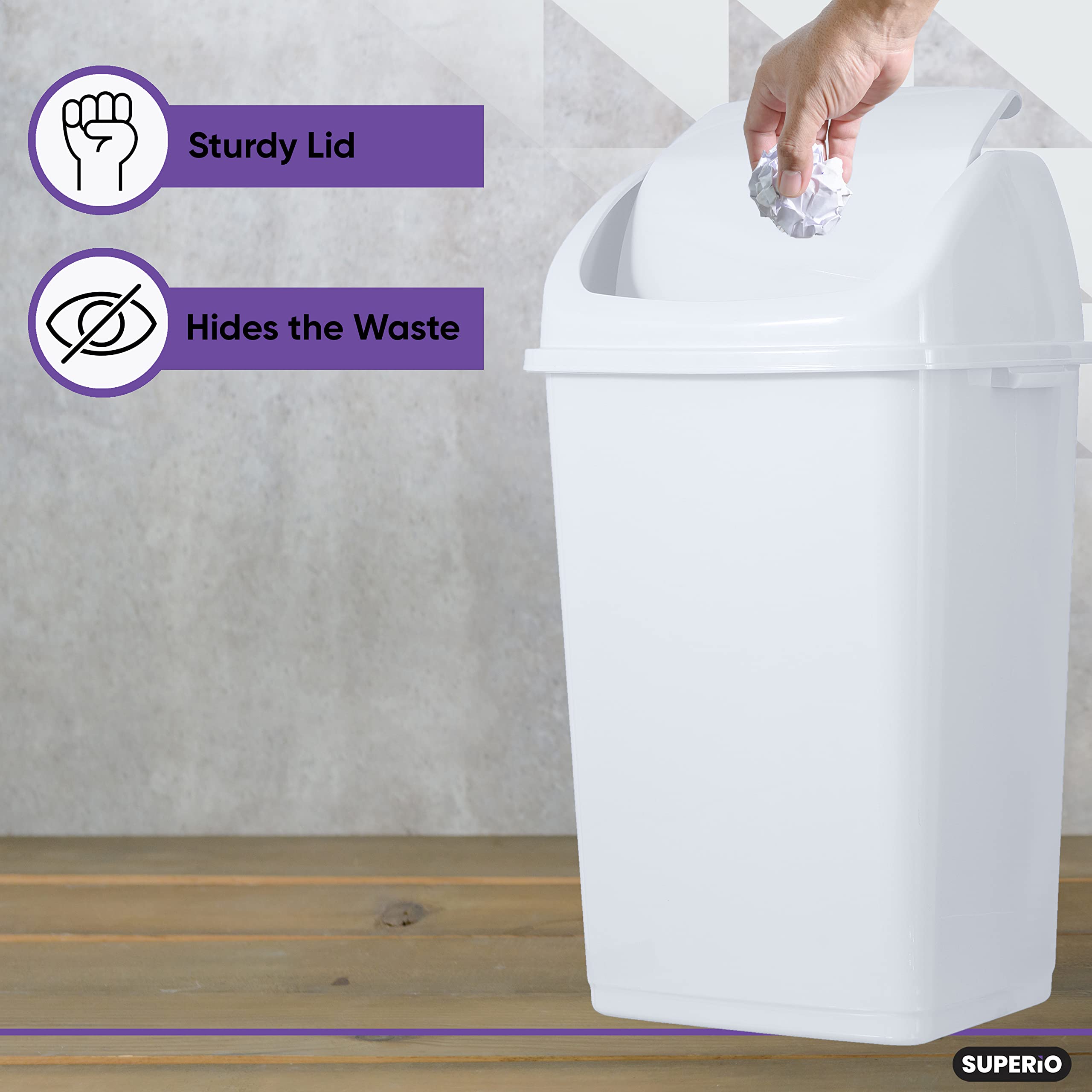 Superio Kitchen Trash Can 13 Gallon with Swing Lid, Plastic Tall Garbage Can Outdoor and Indoor, Large 52 Qt Recycle Bin and Waste Basket for Home, Office, Garage, Patio, Restaurant (White)