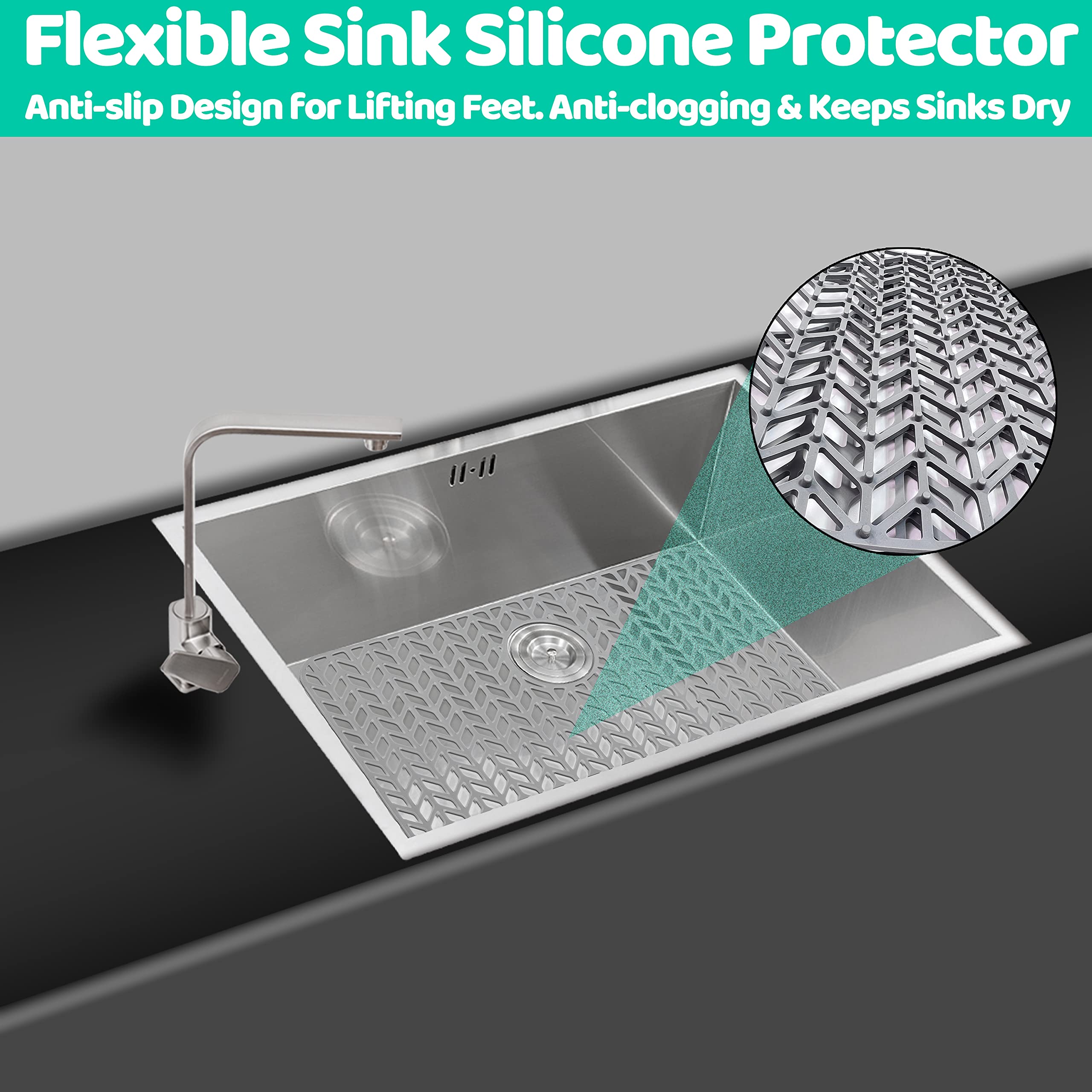 Sink Silicone Protector for Kitchen Sink 26''x14'' ,Back Drain Kitchen Sink Grid Fitting, Heat Resistant Non-Slip, Farmhouse Stainless Steel Porcelain Sink Bottom Sink Mat