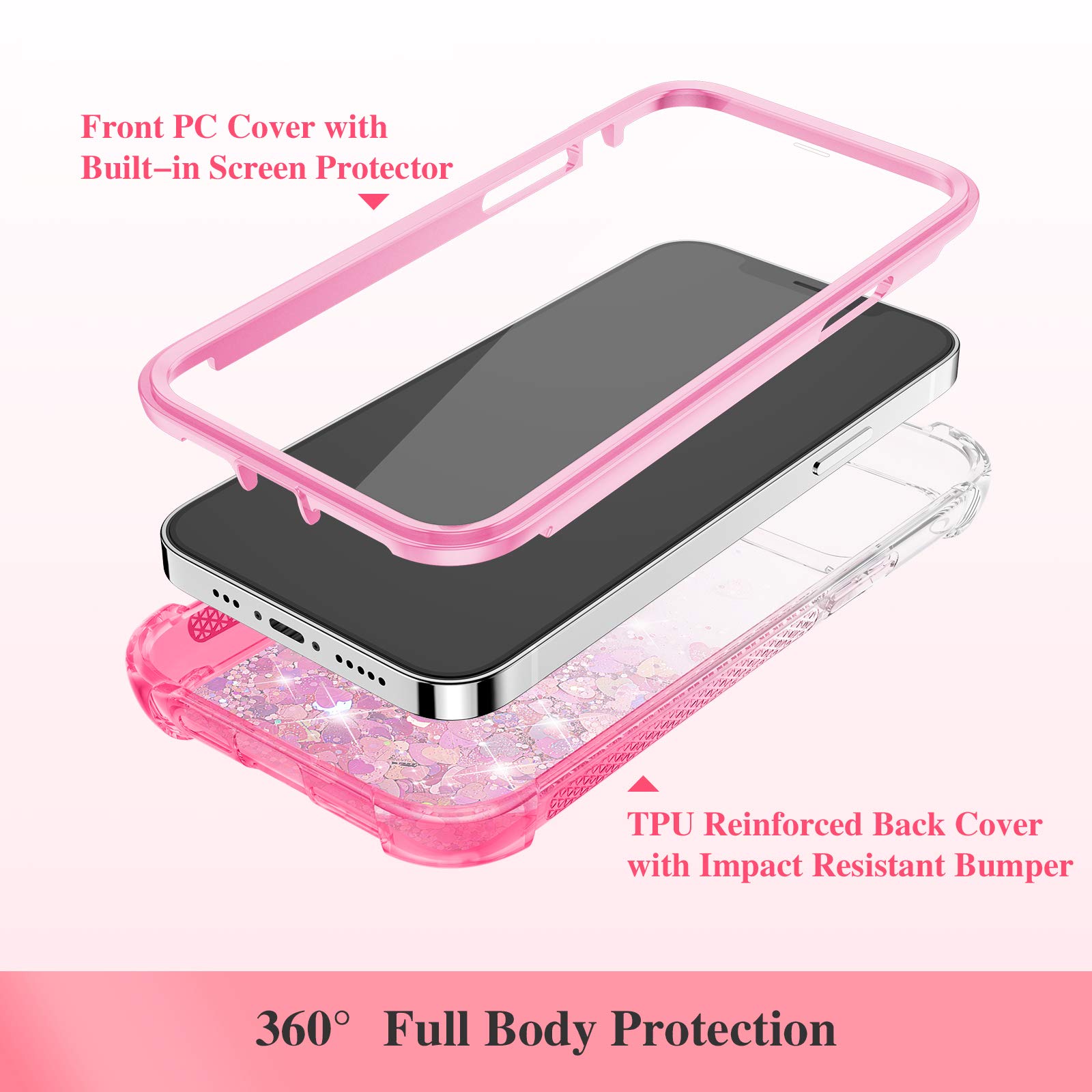 Ruky iPhone 12 Pro Case, iPhone 12 Glitter Case Full Body Rugged Liquid Cover with Built-in Screen Protector Shockproof Girls Women Phone Case for iPhone 12/iPhone 12 Pro 6.1”, Gradient Pink