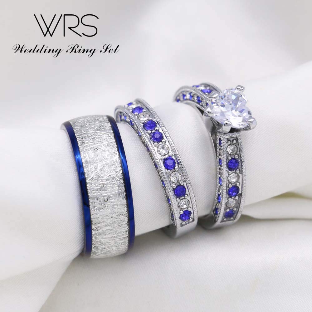 Two Rings His Hers Wedding Ring Sets Couples Matching Rings Women's 2pc White Gold Filled Heart CZ Wedding Engagement Ring Bridal Sets Men's Stainless Steel Wedding Band