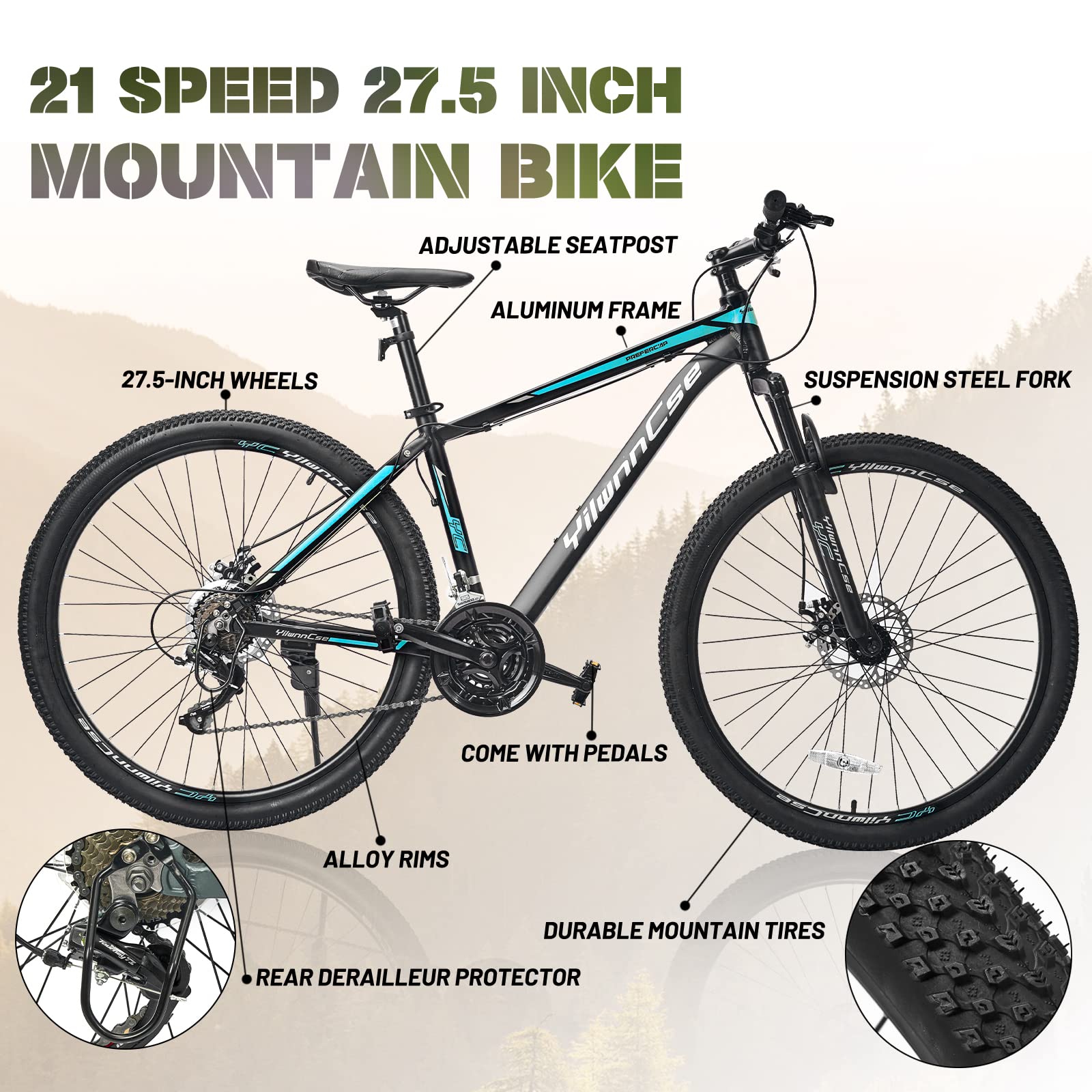 YilwnnCse 27.5 Inch Mountain Bike 21-Speed Bicycle, Aluminum Frame,Suspension Fork, Double Disc Brake (Black)