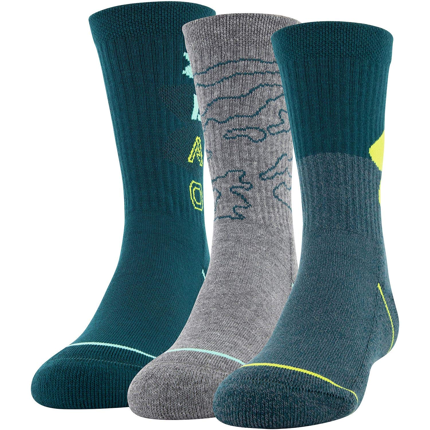 Under Armour Boy`s Phenom 5.0 Crew Socks 3 Pack (Grey(U0873L3-976)/Volt, Youth Medium(Youth Shoe Size 4Y-8Y))