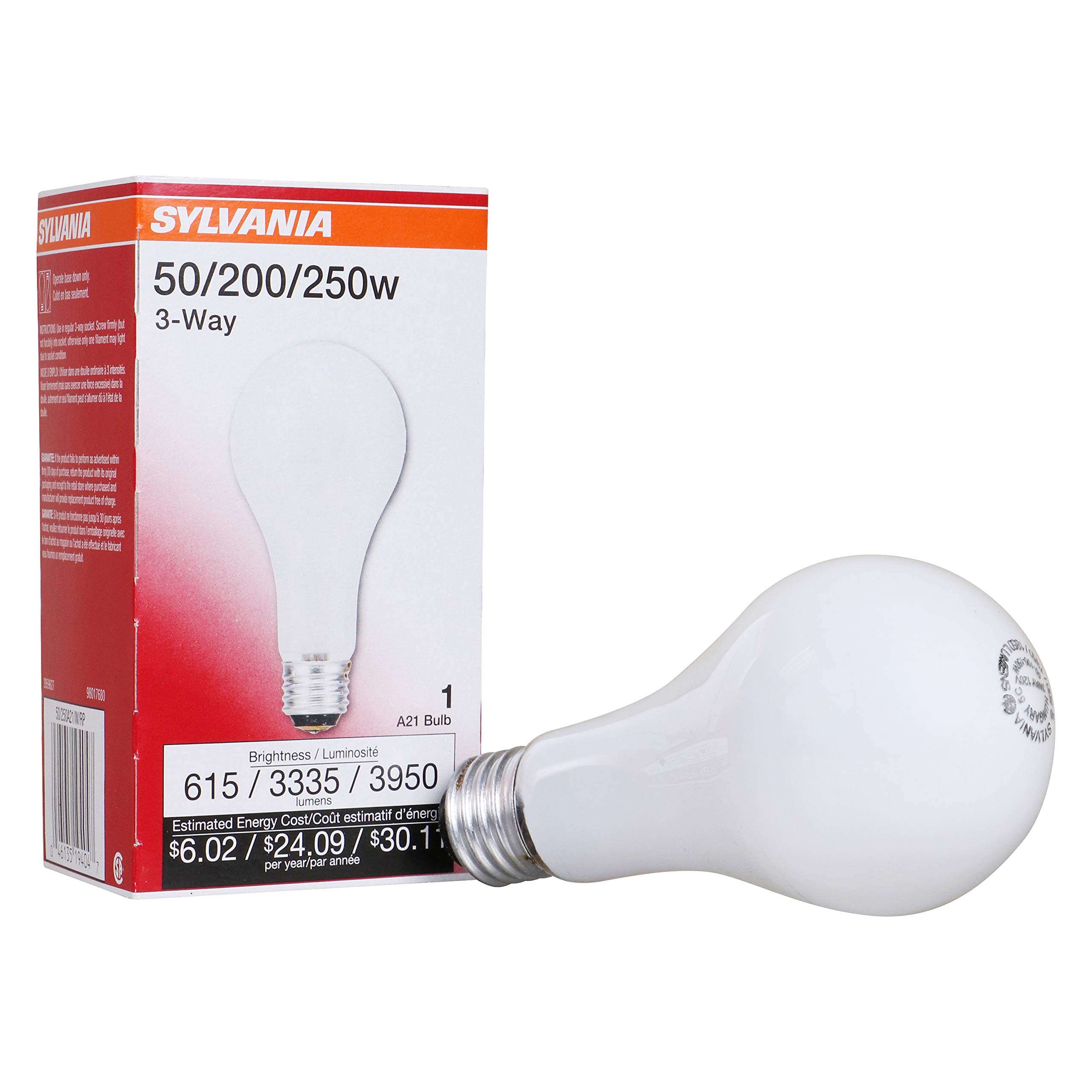 SYLVANIA Incandescent 3-Way A21 Light Bulb, 50W/200W/250W, Medium Base, 2850K, Frosted, Warm White - 1 Pack (19404)