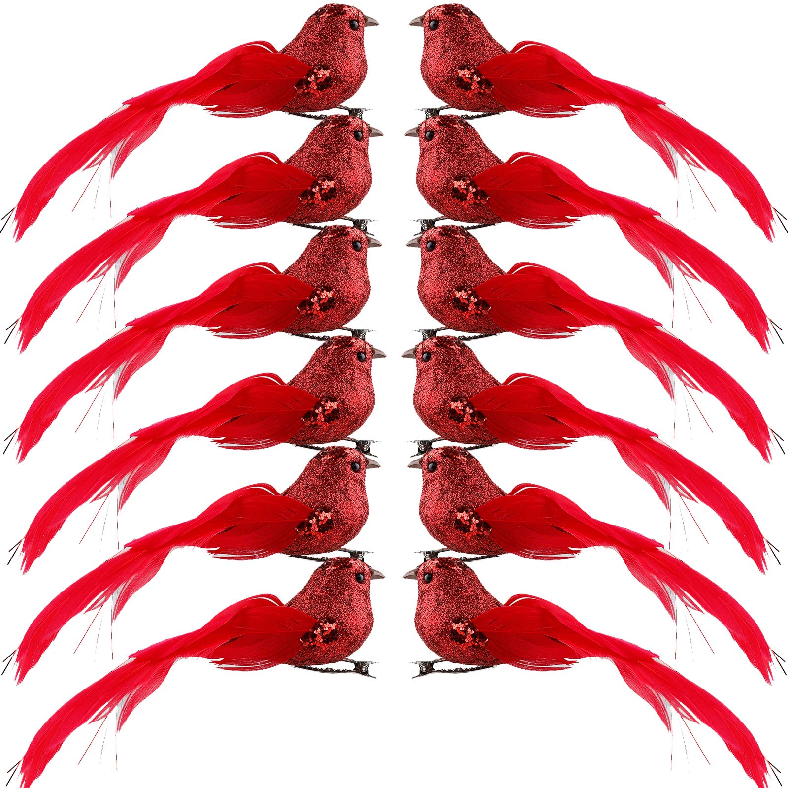 WDDH 12Pcs Artificial Christmas Cardinal Birds, 6inch Glitter Mini Foam Red Christmas Birds with Long Tail Feather, Clip-on Christmas Tree Ornament Small Bird Figurine for Home Garden Wedding Decor