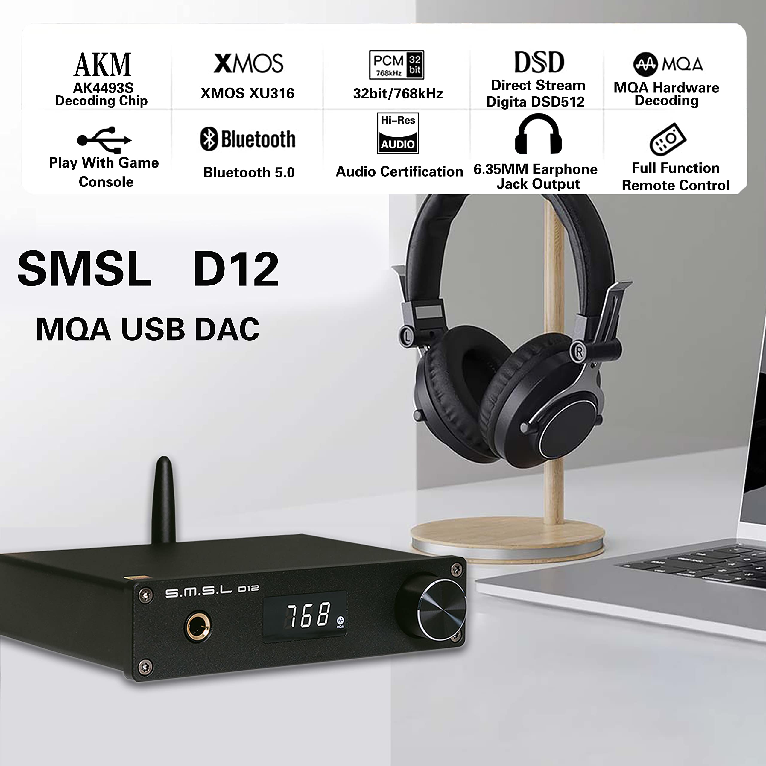 S.M.S.L D12 USB MQA DAC Headphone Amplifier AKM's AK4493S Chip Bluetooth 5.0 XMOS XU-316 DSD512 PCM 32bit/768kHz RCA / 6.35mm Output Aduio Decoder for Sw PS5 with Remote Control