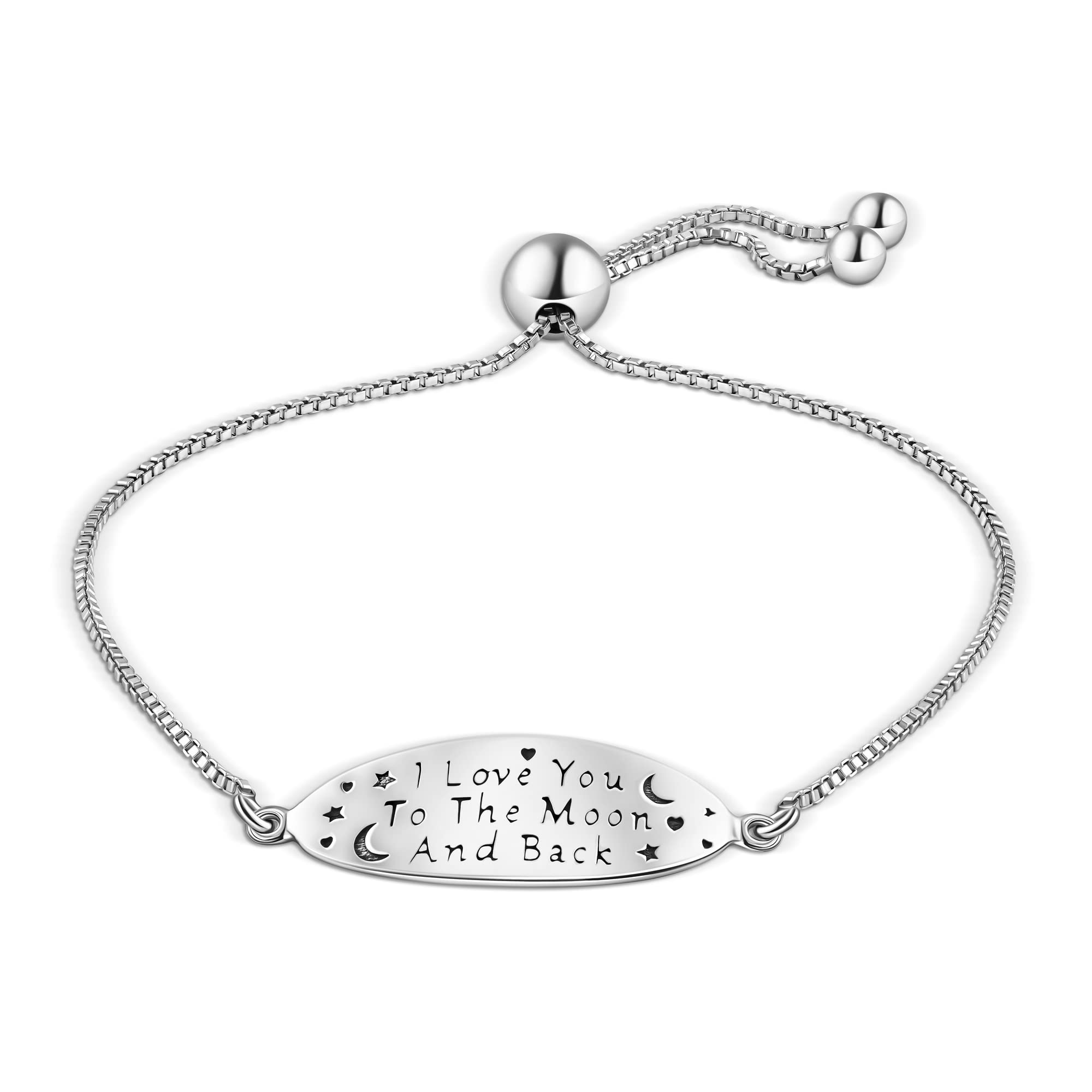 PORI JEWELERS 925 Sterling Silver I Love You To The Moon and Back Inspirational Quote Adjustable Charm Bracelet - Yellow or Silver (Silver)