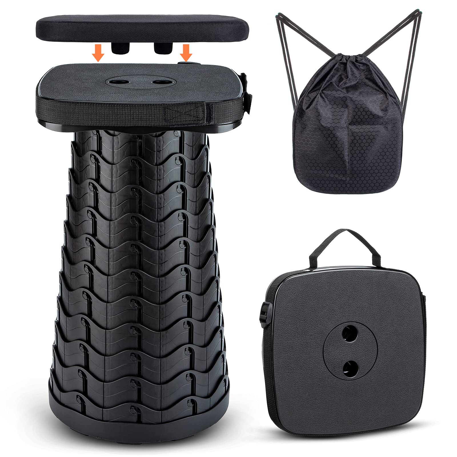 Tiovo Folding Camping Stool, Square Collapsible Portable Stool with Seat Cushion & Nylon Bag, Sturdy Lightweight Telescoping Foldable Stool for Adults Camp, Max Load 550lb (Black)