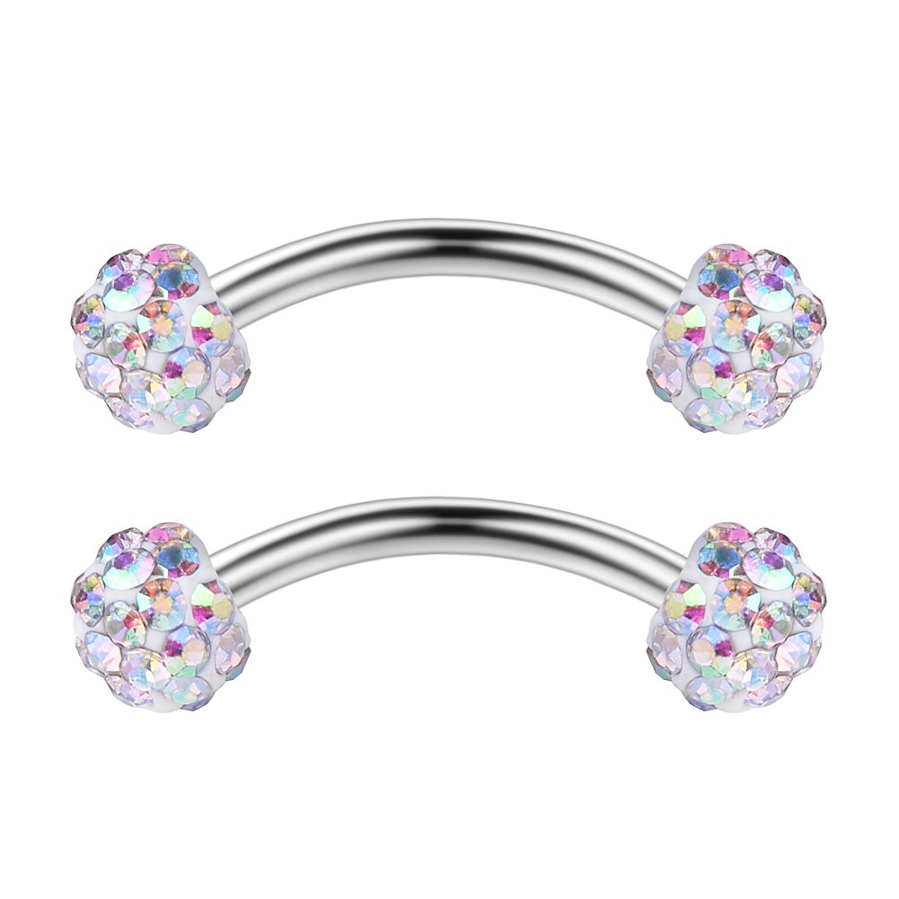 Ruifan 3PRS 16G 3/8" (10MM) Stainless Steel 3mm CZ/Gems/Ball Curved Barbell Eyebrow Tragus Lip Belly Ring Piercing Jewelry - Rainbow