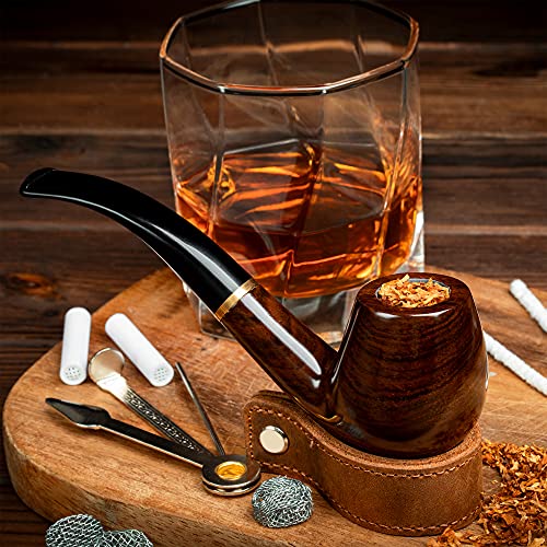 Whitluck's Tobacco Pipe with Waxed Canvas Pipe Roll, Handmade Wood Smoking Pipe with Ultimate Beginner Guide E-Book, Travel Tobacco Pouch - Smoking Gift Set and Accessories