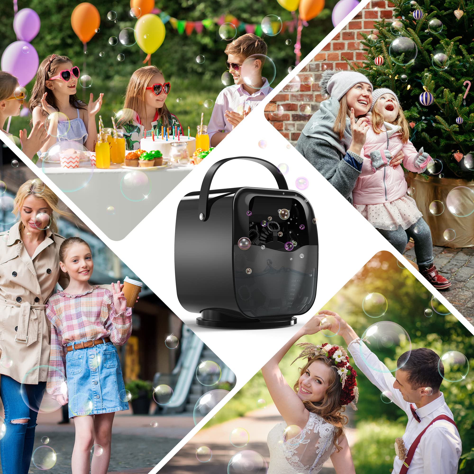 Rechargeable Rotatable Bubble Machine, 5000mAh Rechargeable Battery Powered, 3 Speeds, 90°/180°/360° Auto-Rotation, Portable Bubble Blower, USB Bubble Maker for Kids, Pets, Indoor Outdoor Parties