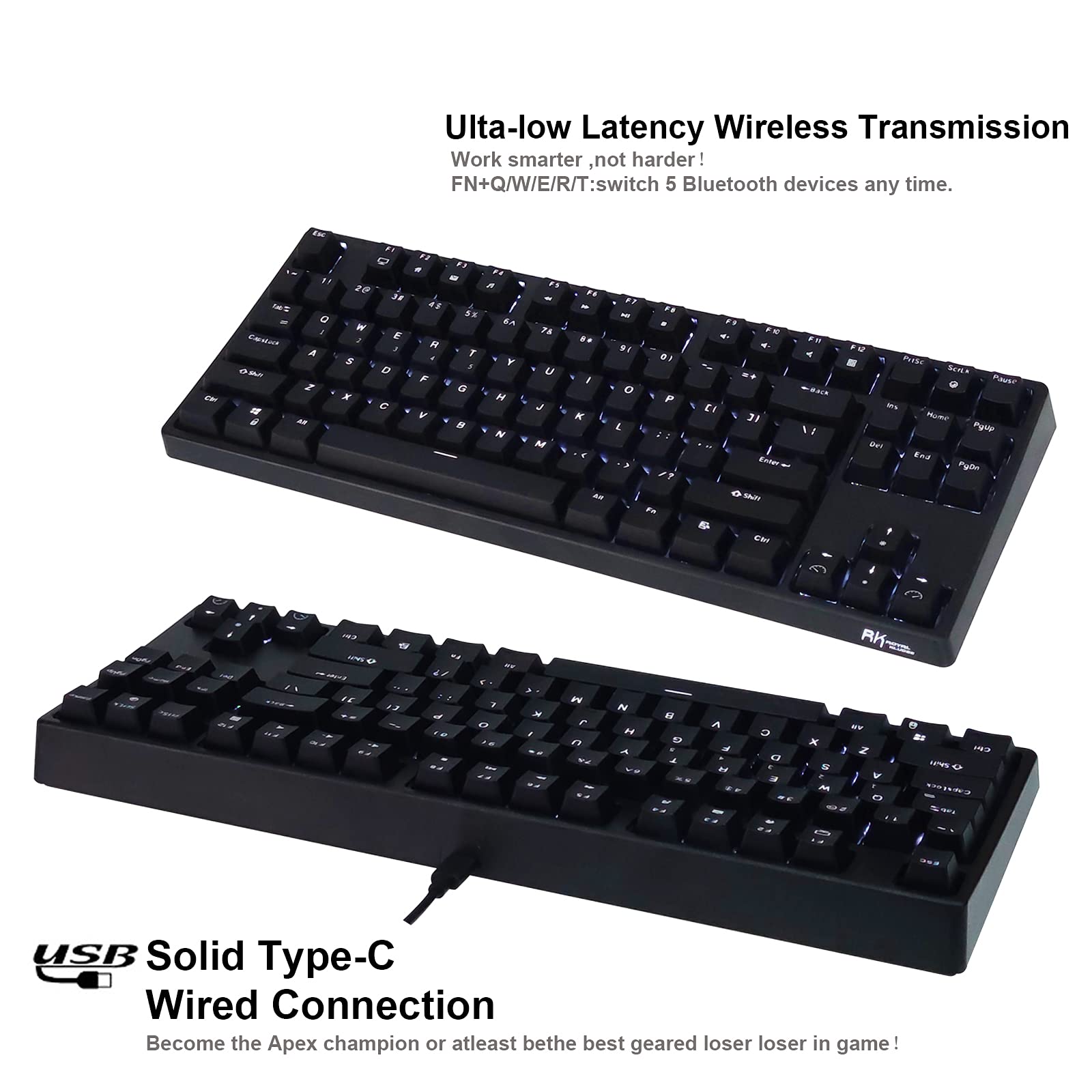 RK ROYAL KLUDGE Mechanical Keyboard 87 Keys White LED Backlight Tenkeyless Wired/Wireless Bluetooth Keyboard Gaming/Office for iOS Android Windows MacOS and Linux RK987 (Red Switch-Black)