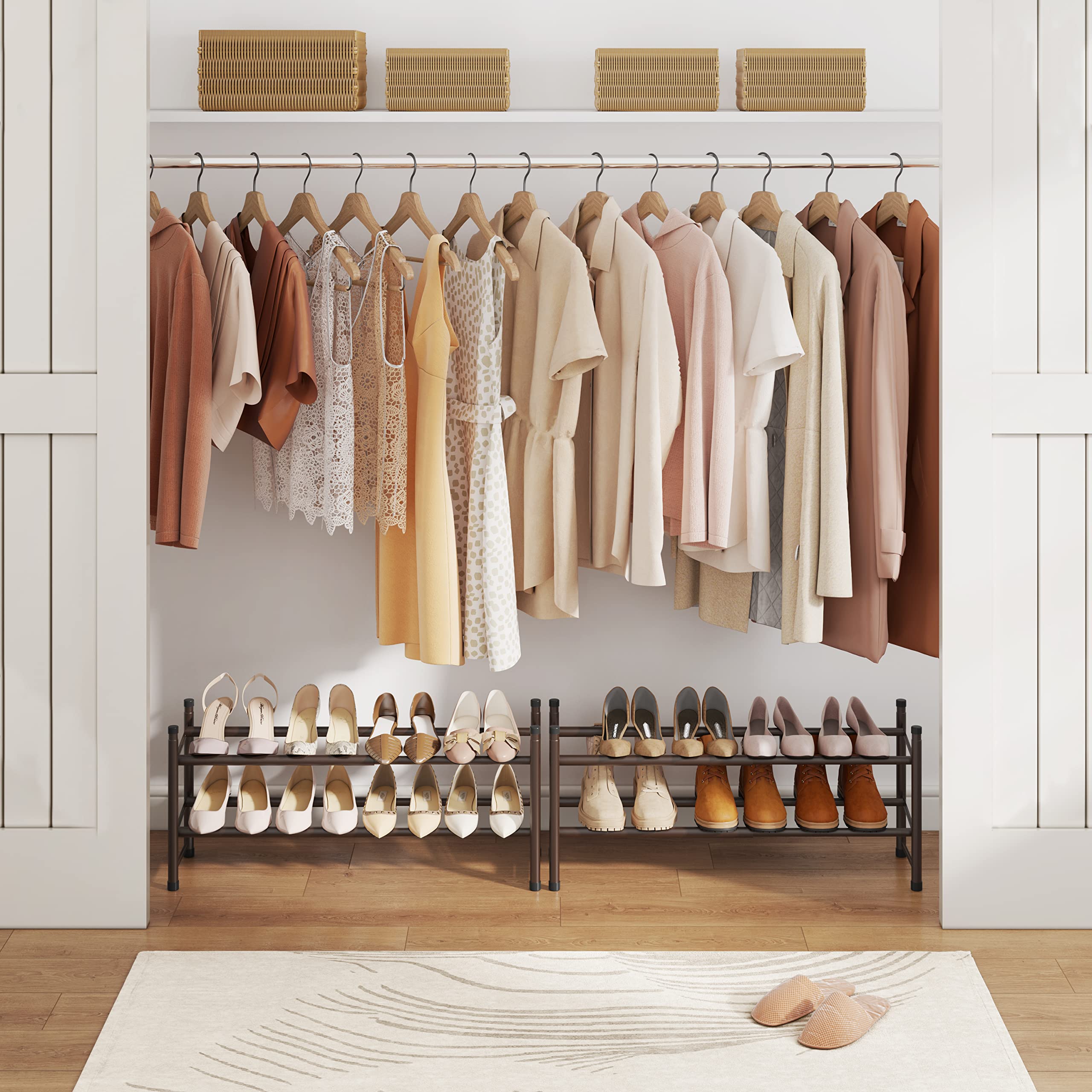 Tajsoon 2-Tier Stackable Shoe Rack Organizer, Expandable & Adjustable Metal Iron Shoes Storage for Entryway Doorway, Bronze