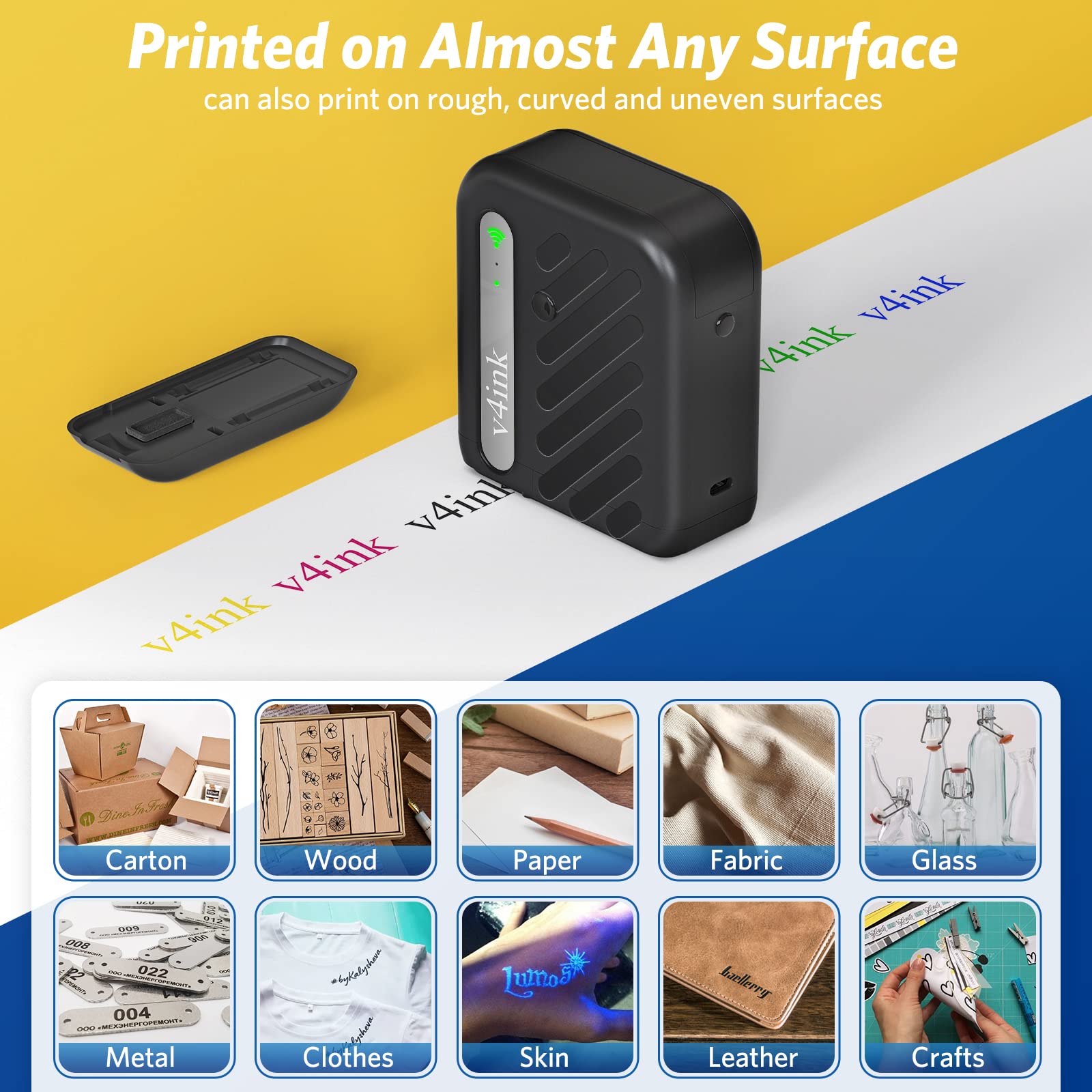 v4ink B10 Mini Handheld Printer Portable Mobile Wireless WiFi Connect with iOS/Android APP 0.09-0.5 inch Height QR-Code Picture Date DIY Logo Number Text Batch Series on All Materials