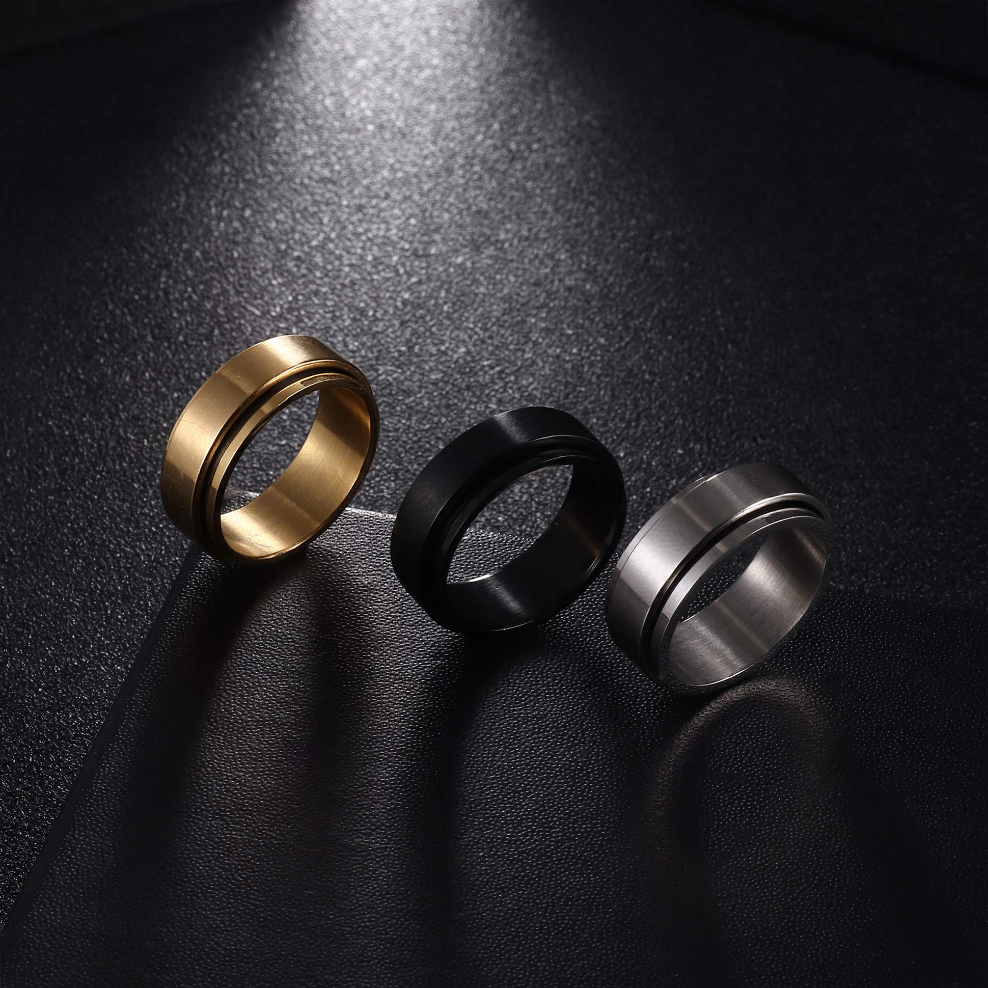 YADOCA 3 Pcs Stainless Steel Fidget Band Rings for Men Women Spinner Ring Set for Wedding Promise Silver Gold Black Tone Size 6