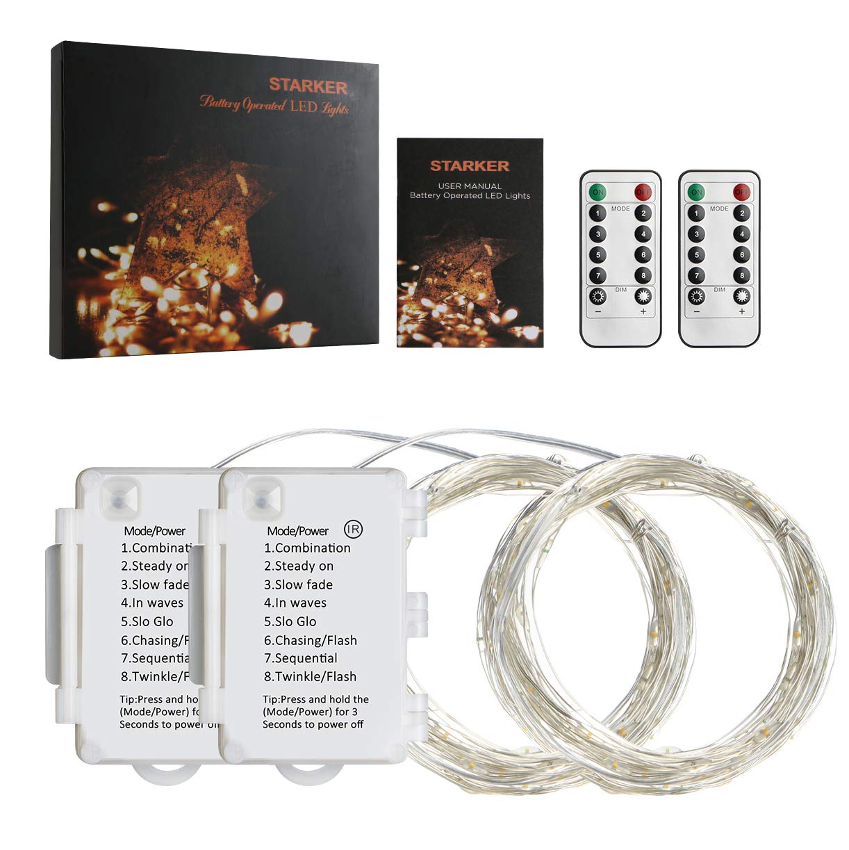 STARKER Outdoor String Lights, 2 Pack 16.4foot 50 LEDs Battery Operated String Lights Waterproof Silver Wire Twinkle Lights Decorative Fairy Lights with Remote and Timer