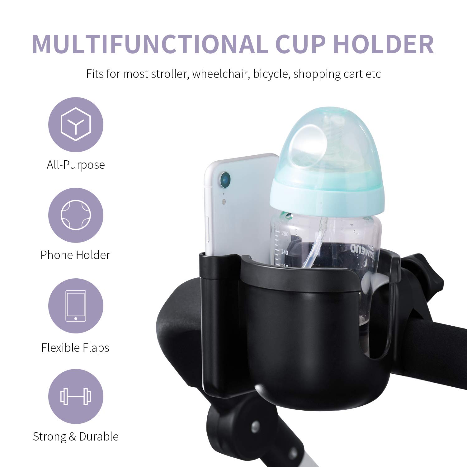 SUNVENO Stroller Universal Cup Holder, 360 Degrees Rotation 2 in 1 Large Bottle Holder with Phone Holder for Stroller, Pushchair,Wheelchair, Walker, Black