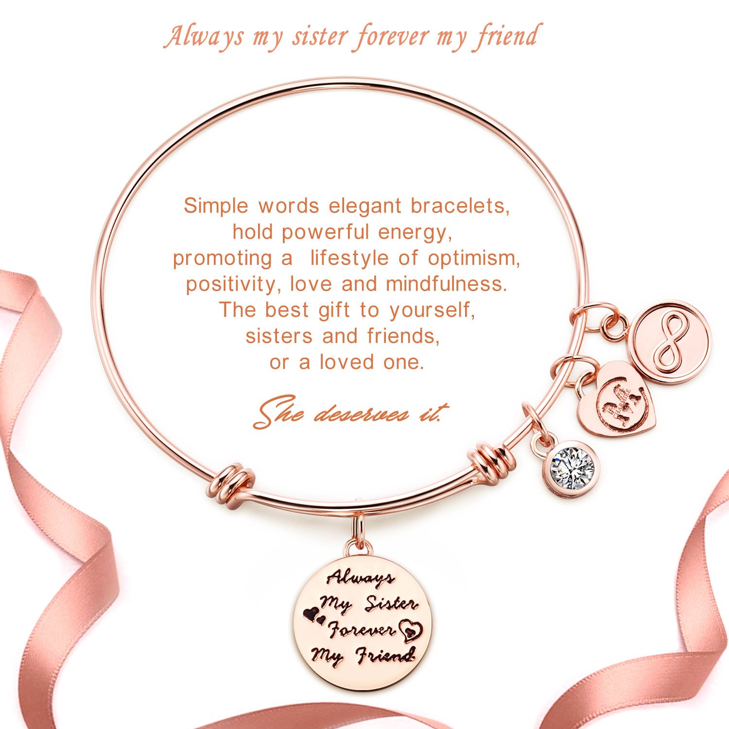 Sister Friend Expandable Charm Inspirational Bangle Bracelets Always My Sister Forever My Friend