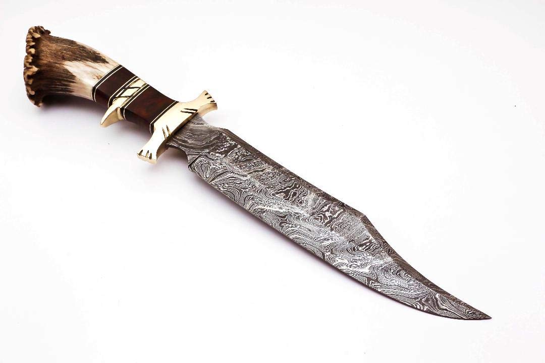 Skokie Knives Damascus Steel hunting Knife Stag Antler Handle with Burl Wood & Brass Guard β15β Handmade Premium Quality Sharp Edge Fix Blade - Genuine Multipurpose Knife β Ideal for Hunting, Camping