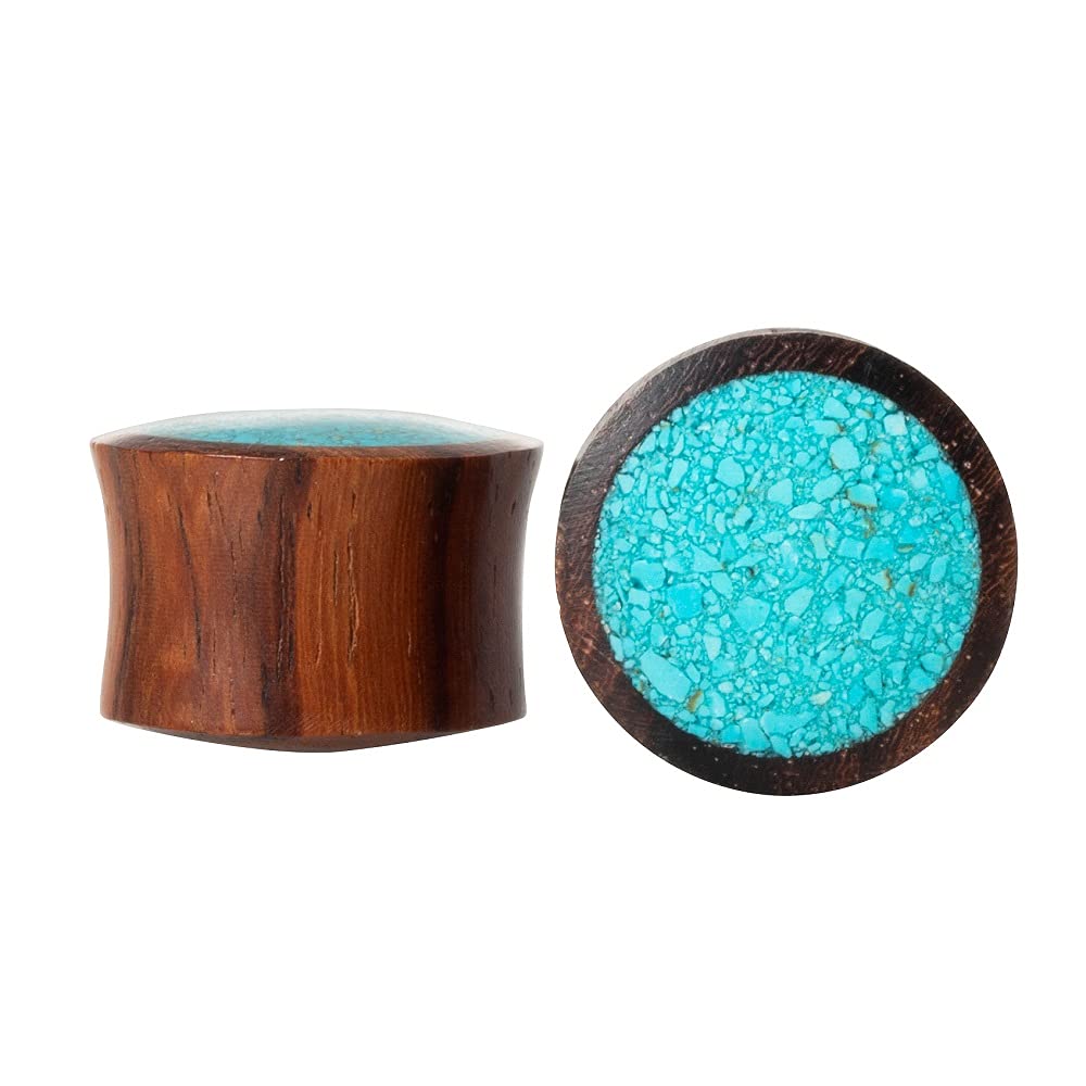 Pierced Owl Synthetic Crushed Turquoise Inlay Organic Wood Saddle Fit Plugs Ear Gauges (12mm (1/2"))