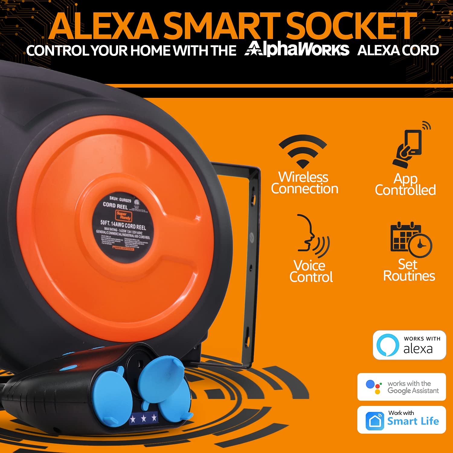 SuperHandy Cord Reel, Retractable, (14AWG x 50' Ft) 3 Outlet - Works with Alexa Built-in Smart Plugs, IP64 Waterproof, 13A 1625W, Slow & Safe Retraction
