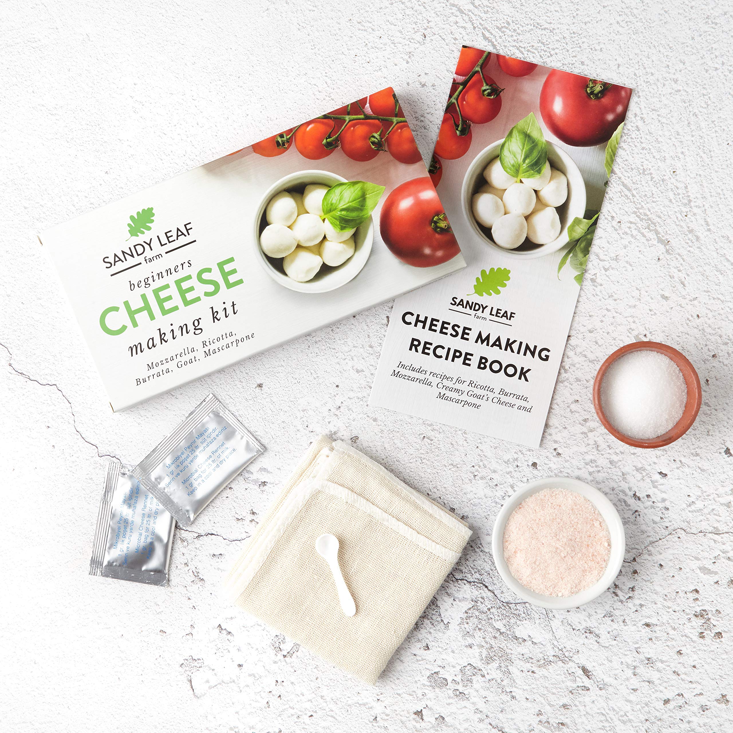 Sandy Leaf Farm Cheese Making Kit and Supplies - Homemade, DIY Ricotta, Burrata, Goat, Mascarpone, and Mozzarella Making Kits for Beginners w/ Vegetarian Rennet & Cheese Cloth