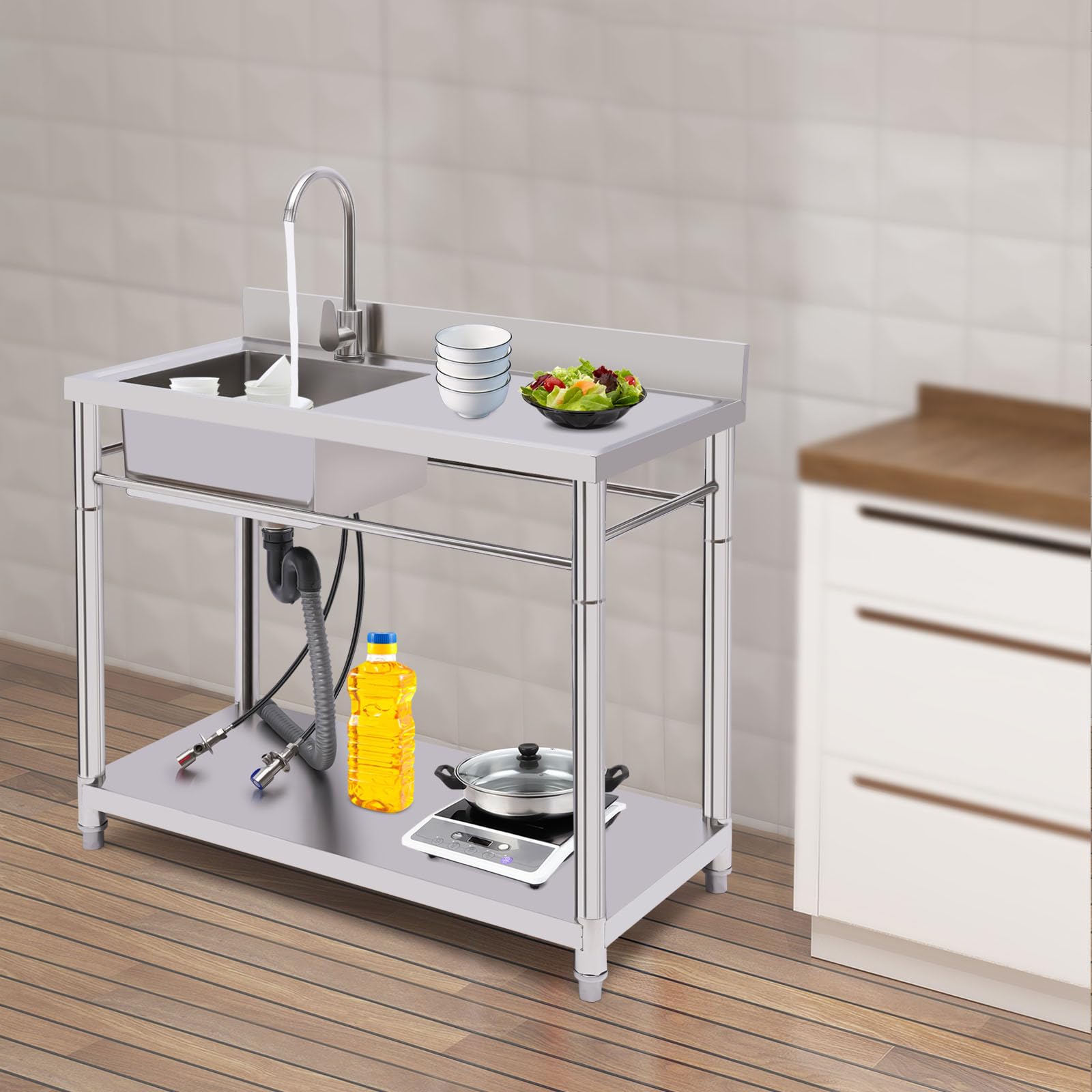Stainless Steel Sink, Free Standing Single Bowl Commercial Kitchen Sink Kitchen Sink with Faucet & Shelf Kitchen Prep Outdoor Unity Sink for a Laundry Room Garage 31.5β x 39.37β x 19.68β