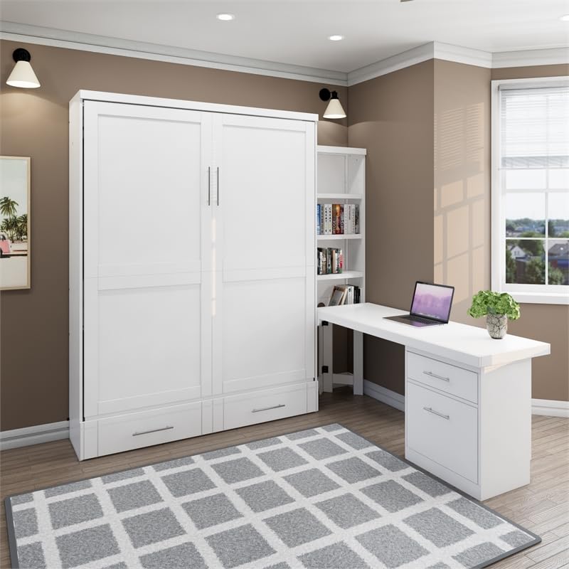 RoomAndLoft Brentwood Queen Contemporary Solid Wood Murphy Wall Bed and Shelf Storage with Side Desktop and Drawers in White