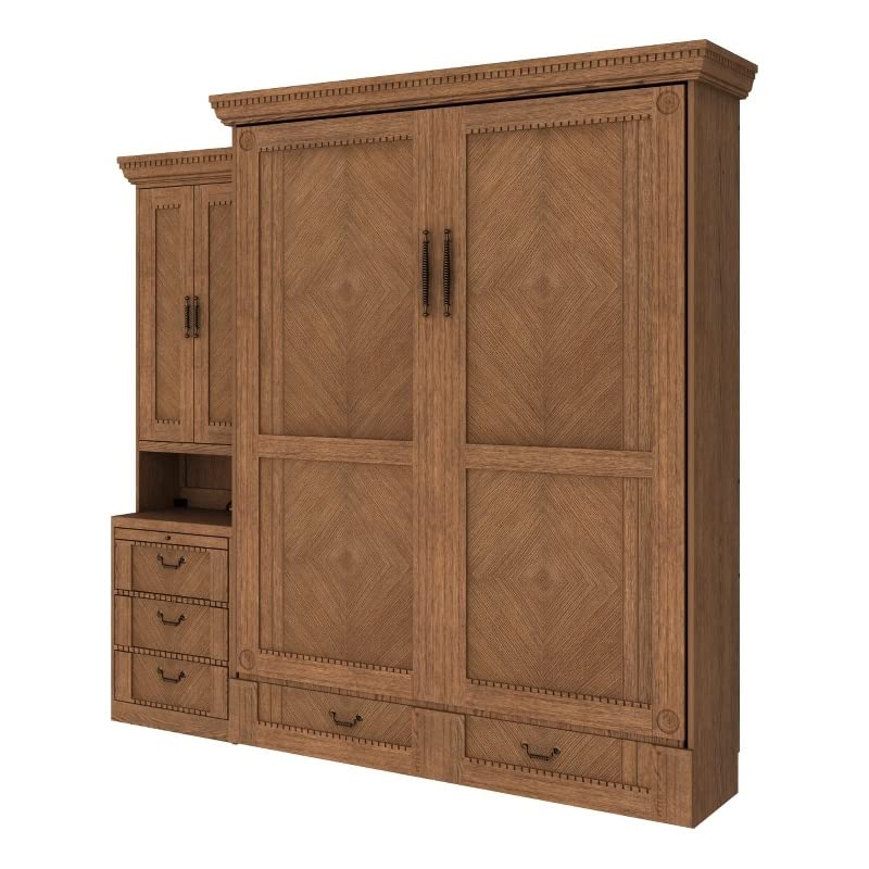 RoomAndLoft Imperial Queen Solid Wood Murphy Wall Bed and Shelf Storage with Drawers in Brown