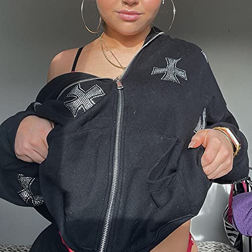 TINXIEA Women's E-Girl Oversized Sweatshirt Vintage Zip Up Hoodies Coat Long Sleeve 90s Streetwear Pullover Jacket(Black Rhinestone Cross, Small)