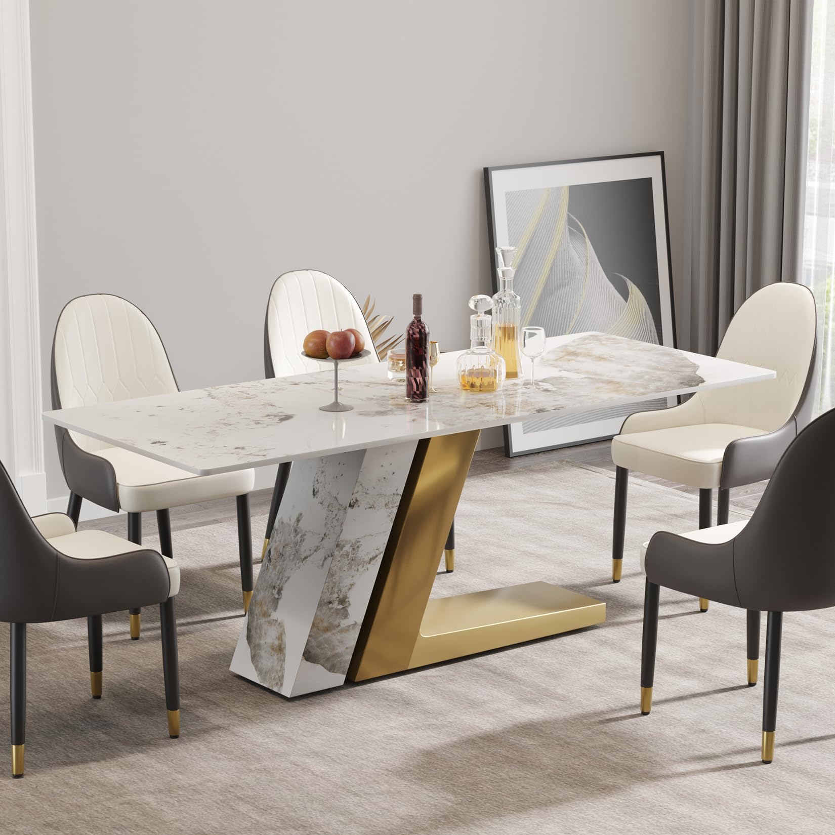 Sintered Stone Dining Table, 78.74" Modern Dining Room Table for 8 Person with Metal Base, Rectangle Kitchen Table Coffee Table for Apartment, Office Multifuntional Meeting Desk(Table Only)