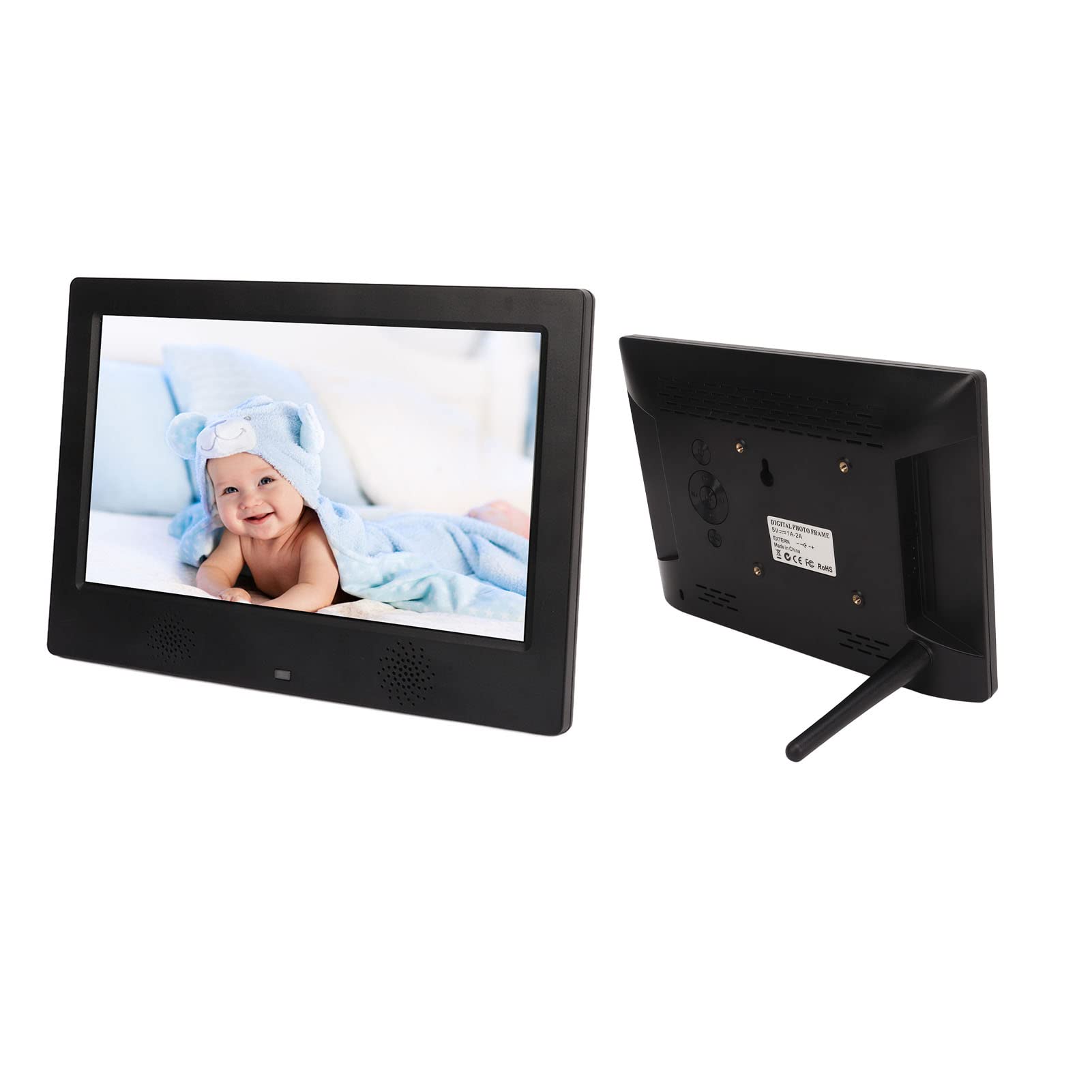 Smart Digital Photo Frame Adjustable Brightness Black Electronic Album Video Music Remote Control 100β240V 10 Inch with Clock Calendar for Bedside Table (US Plug)
