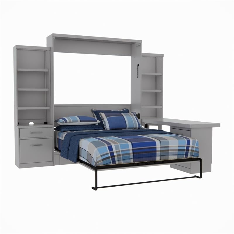 RoomAndLoft Queen Size Murphy Wall Bed in Solid Wood, with Storage and Shelves in Gray, No Box Spring Needed, Easy Assembly, Up to weight capacity
