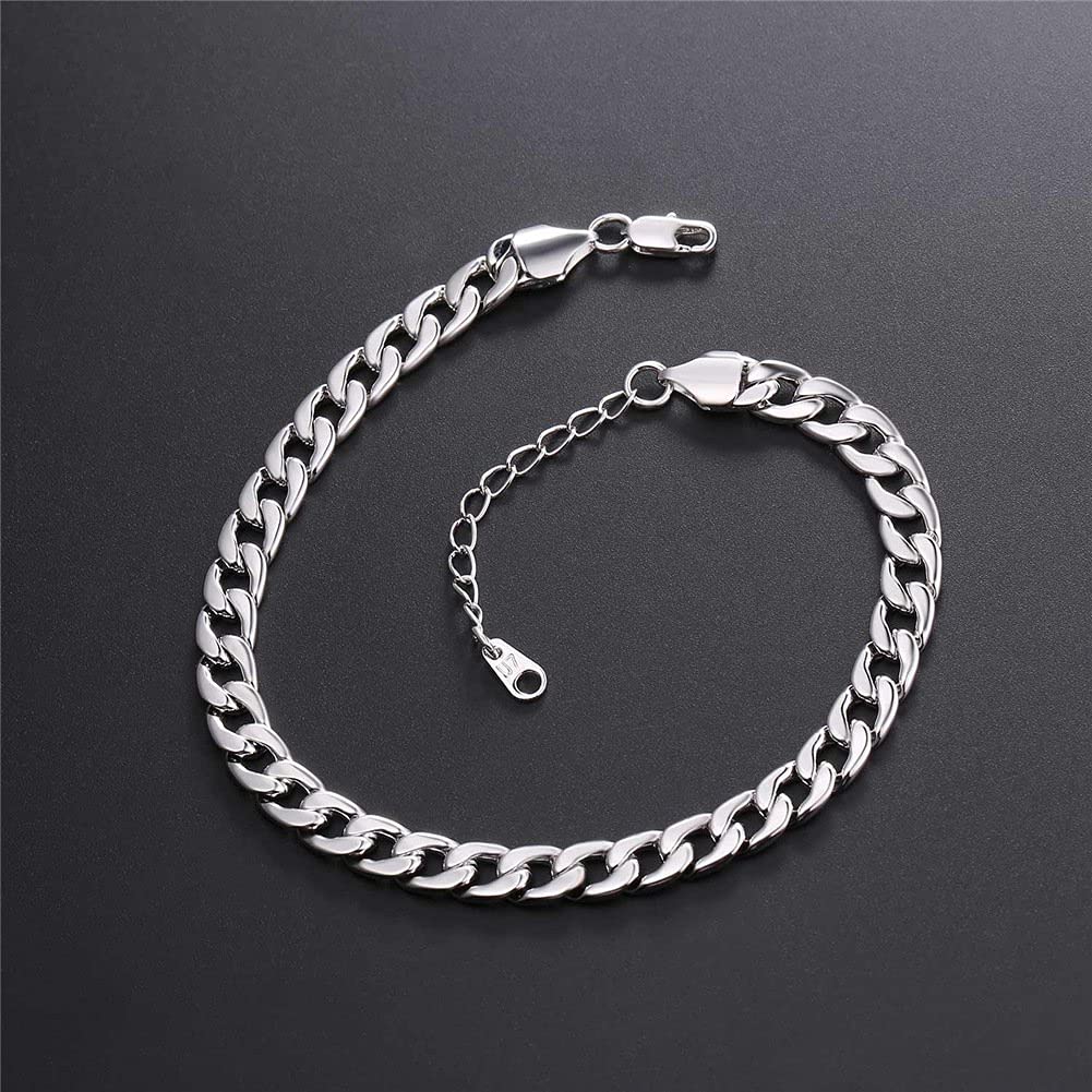 U7 Cuban Chain Anklets Platinum Plated Beach Foot Jewelry 7mm Wide Curb Chains Ankle Bracelet for Women, Length 22-27CM