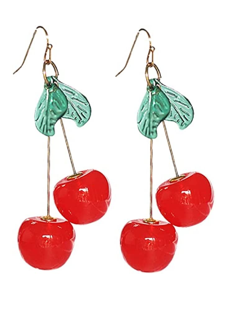 Tiande 18K Gold Plated Sweety Fruit Green Leaf Red Cherry Charm Women Girls Dangle Earring