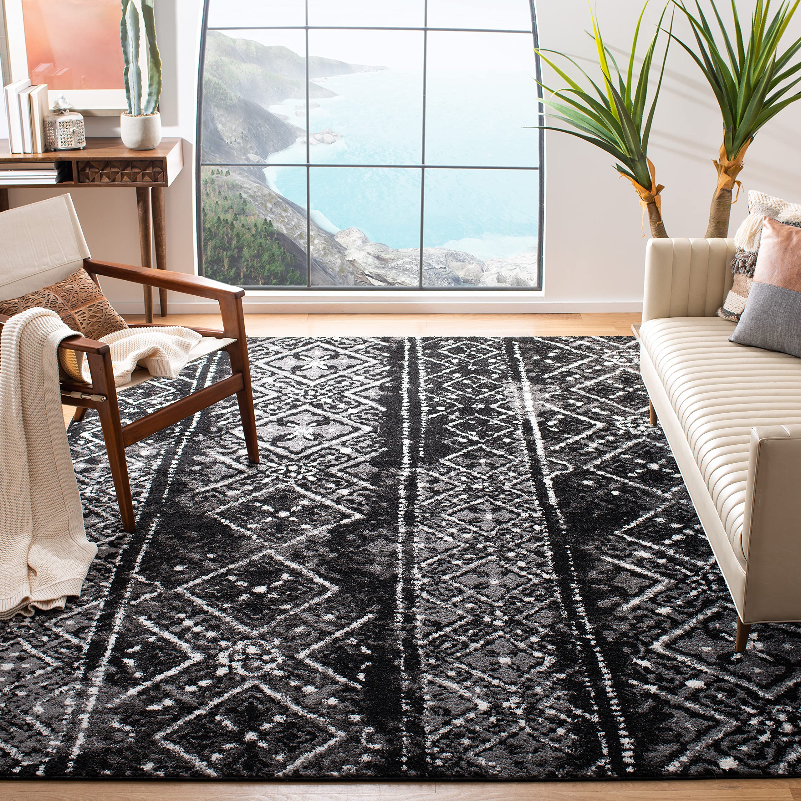 SAFAVIEH Adirondack Collection Area Rug - 9' x 12', Black & Silver, Moroccan Boho Distressed Design, Non-Shedding & Easy Care, Ideal for High Traffic Areas in Living Room, Bedroom (ADR111C)