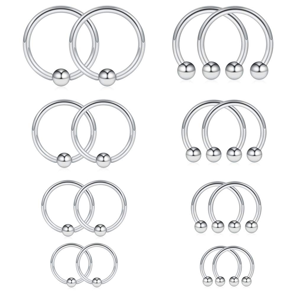 Ruifan 8PRS(16PCS) 14G Surgical Steel Horseshoe & Captive Bead Nose Hoop Septum Earring Eyebrow Tongue Lip Nipple Helix Tragus Piercing Rings 6-12mm - Silver