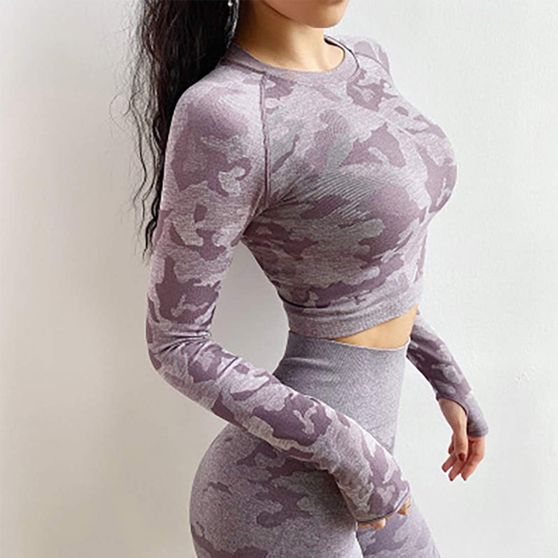 Yoga Workout Set High Waist Athletic Seamless Leggings Long Sleeve 2 Pieces Set (Camouflage Blue, S)