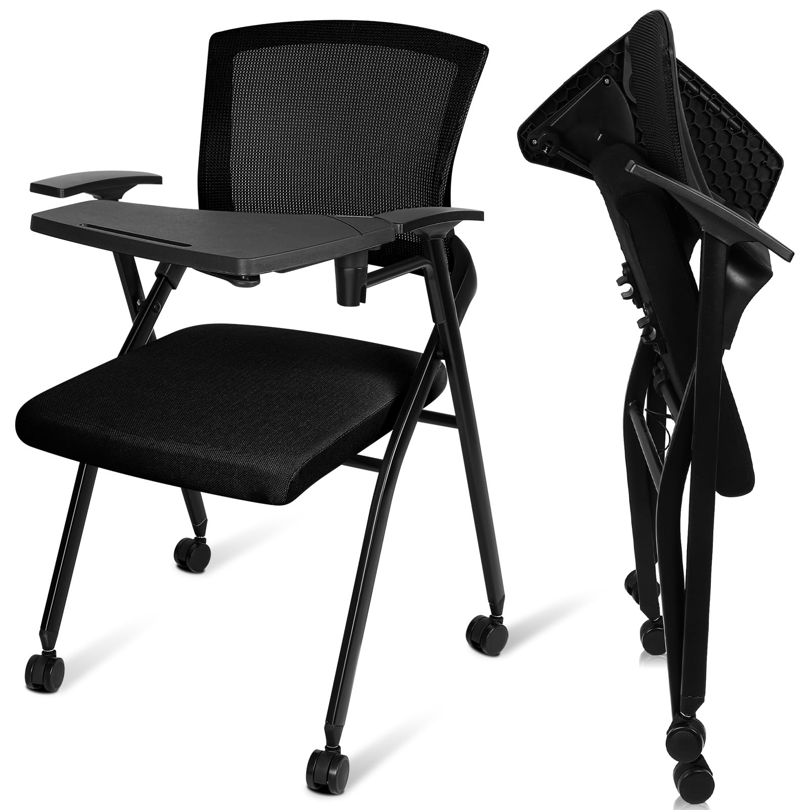 Sintuff Tablet Arm Folding Chair with Caster Wheels Chair with Desk Attached Collapsible Conference Room Chair Mesh Back Foldable for Guest Office School Classroom Training Waiting Room (Black, 2 Pcs)