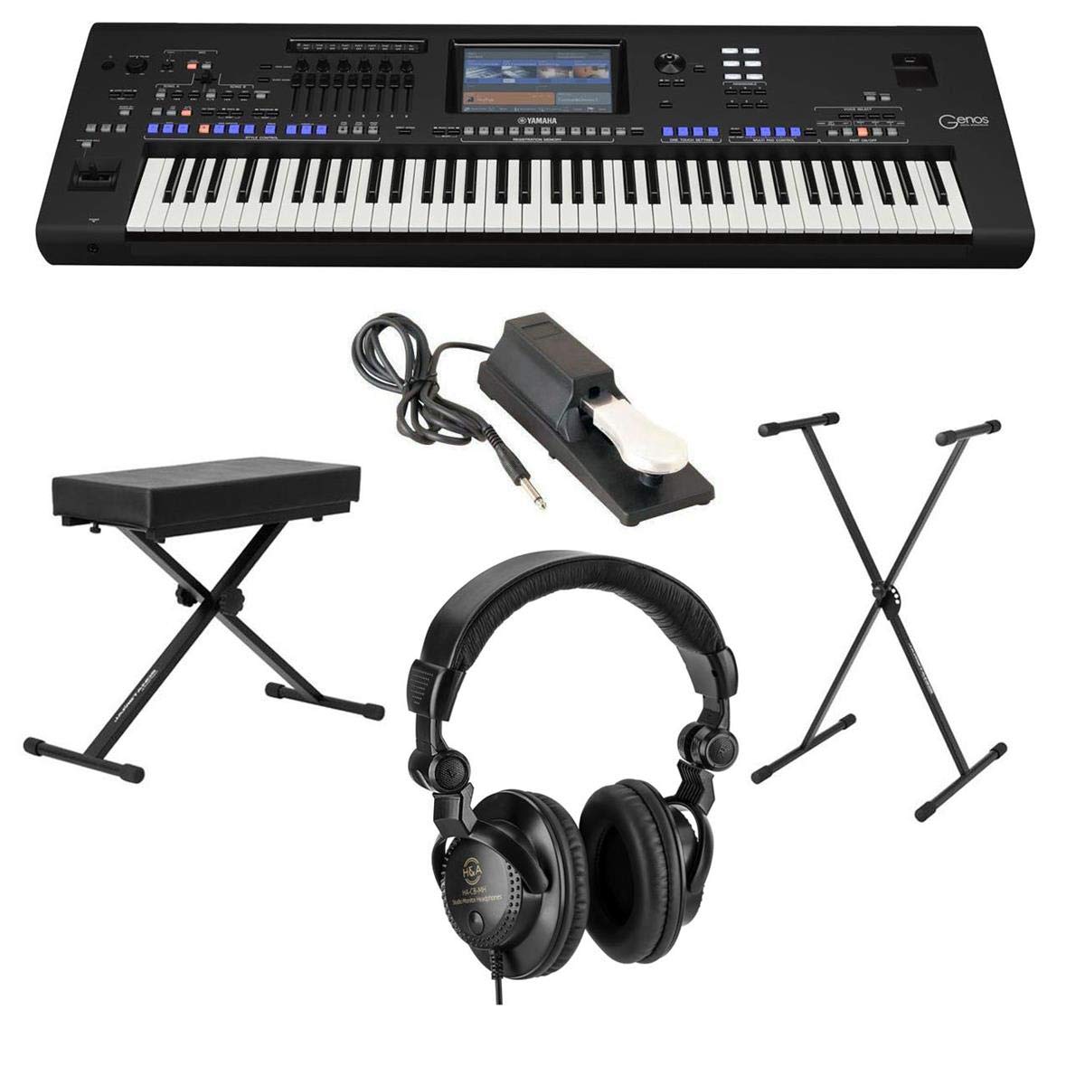 Yamaha Genos 76-Key Flagship Arranger Workstation Keyboard - Bundle with Ultimate Medium X-Style Keyboard Bench, H&A Studio Monitor Headphones, Ultimate X-Style Stand, Keyboard Sustain Pedal