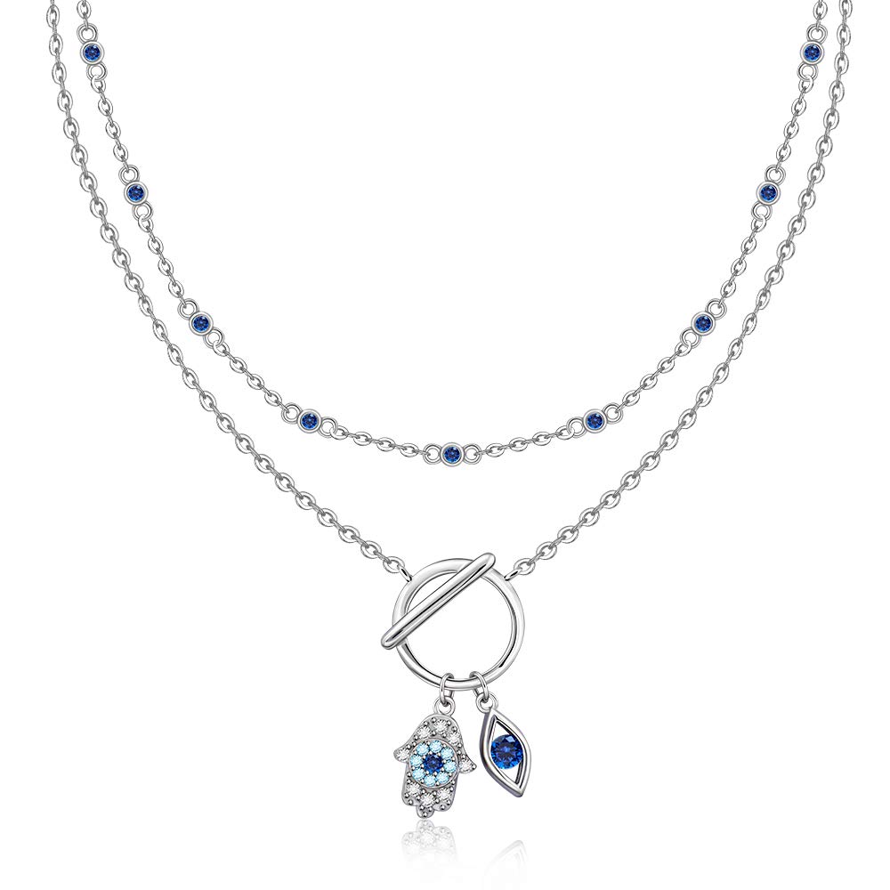 Talonior Layered Hamsa Hand Evil Eye Necklace for Women S925 Sterling Silver Hand of Fatima Necklaces Good Luck Gifts
