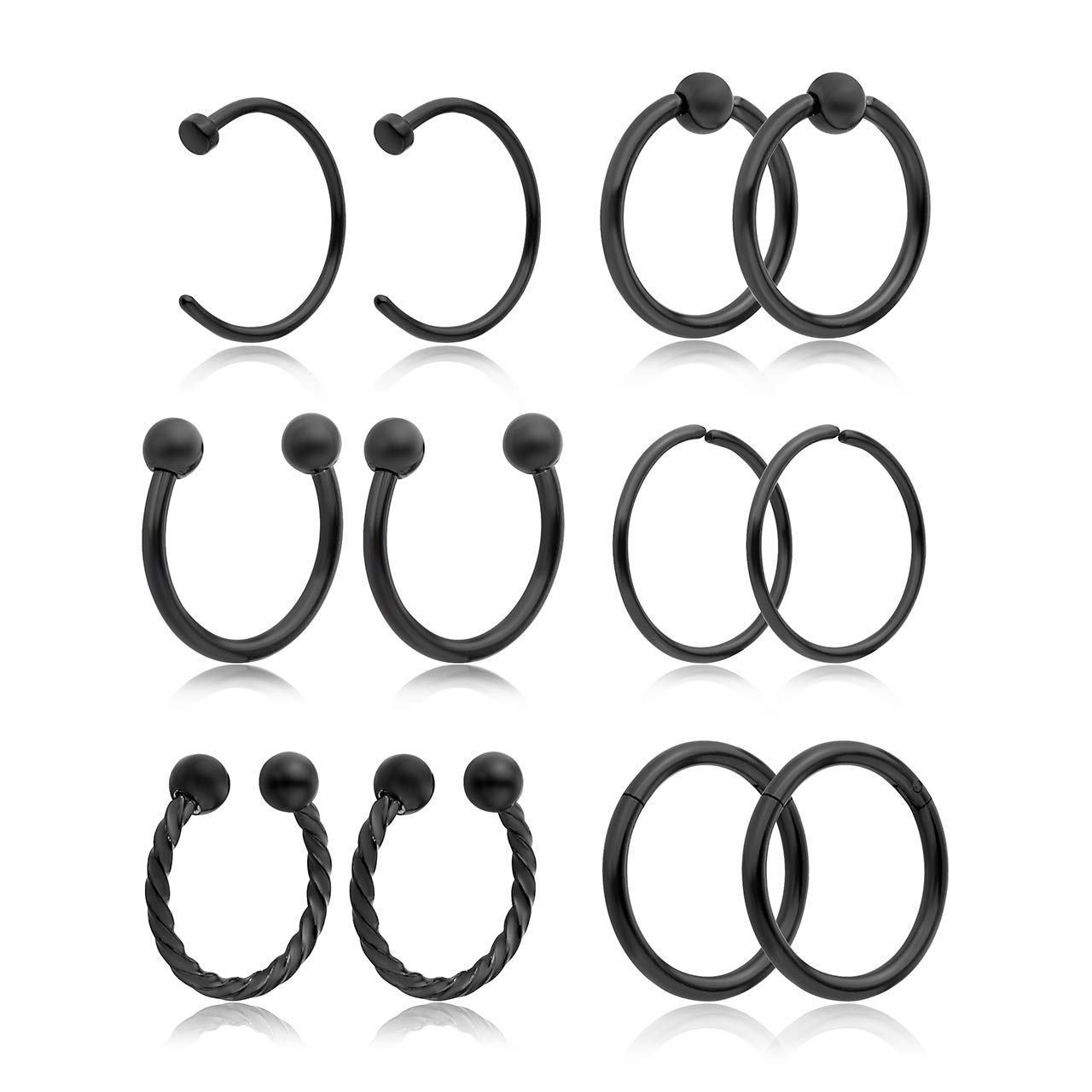 PiercingJ 12pcs Mixed Stainless Steel 16G / 20G Nose Rings Hoop Nose Studs Cartilage Tragus Daith Septum Ear Helix Nipple Eyebrow Lip Captive Ring Body Piercing