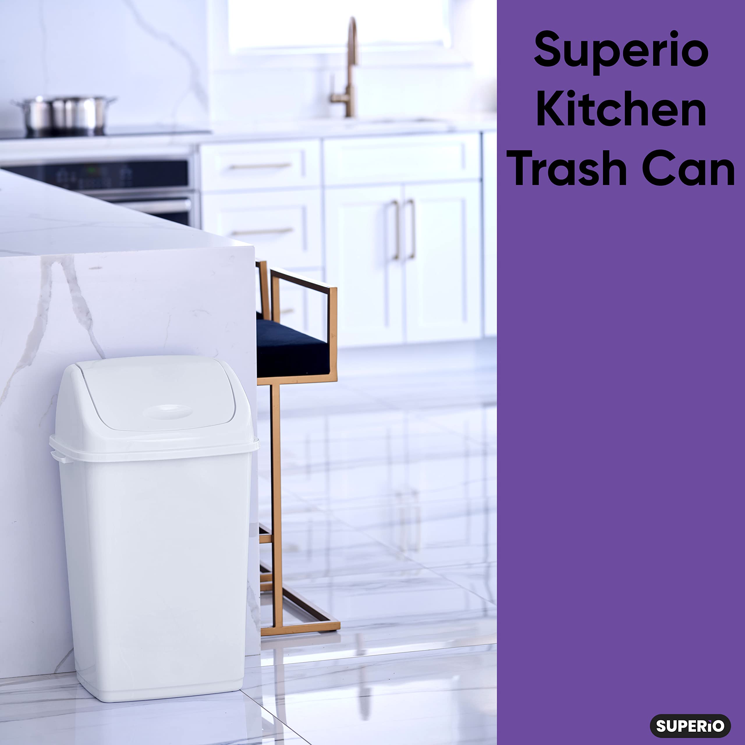 Superio Kitchen Trash Can 13 Gallon with Swing Lid, Plastic Tall Garbage Can Outdoor and Indoor, Large 52 Qt Recycle Bin and Waste Basket for Home, Office, Garage, Patio, Restaurant (White)