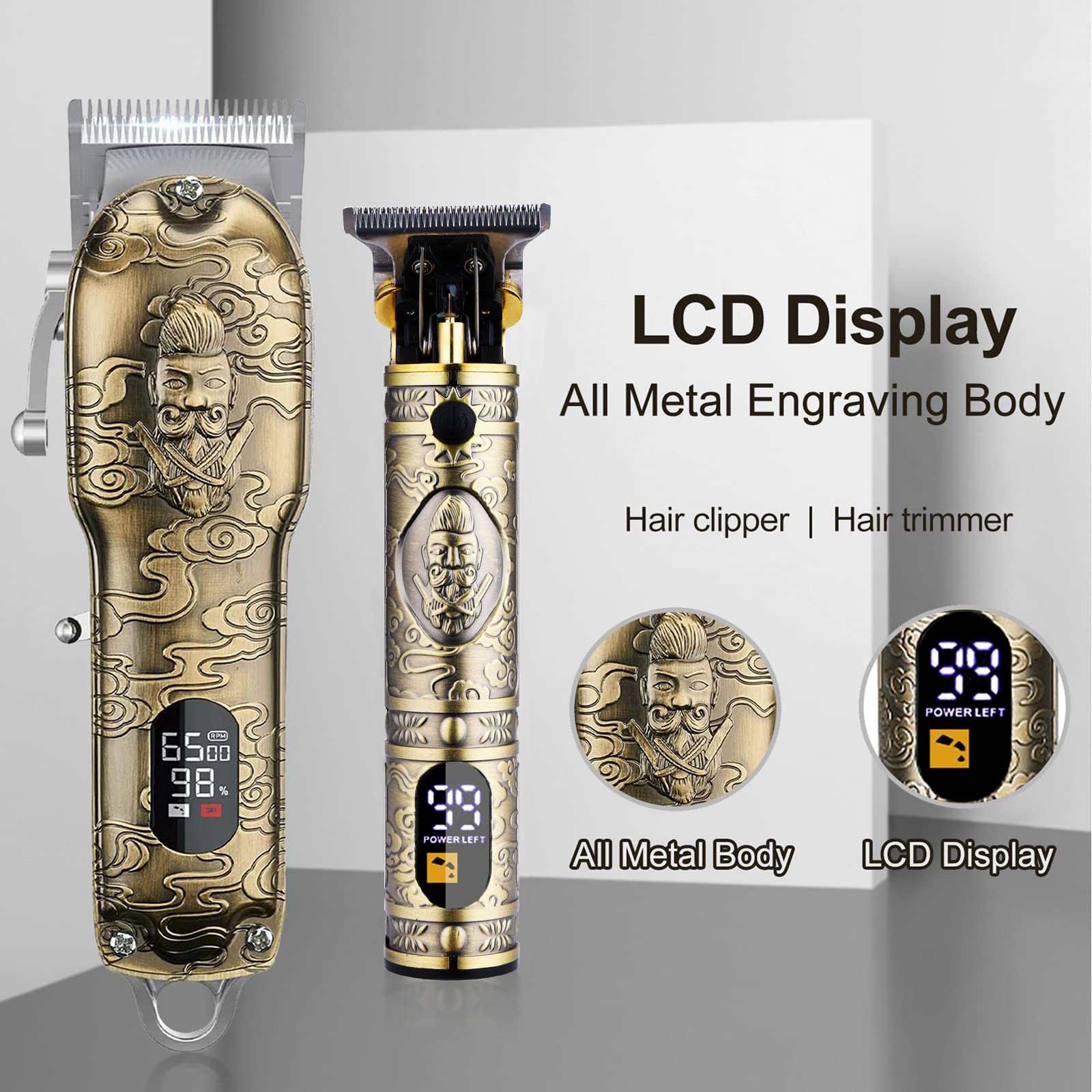 Soonsell Hair Clippers for Men T-Blade Trimmer Set,Man Professional Cordless Barber Clippers Set ,Blade Close Cutting Beard Trimmer ,LCD Display(Gold)