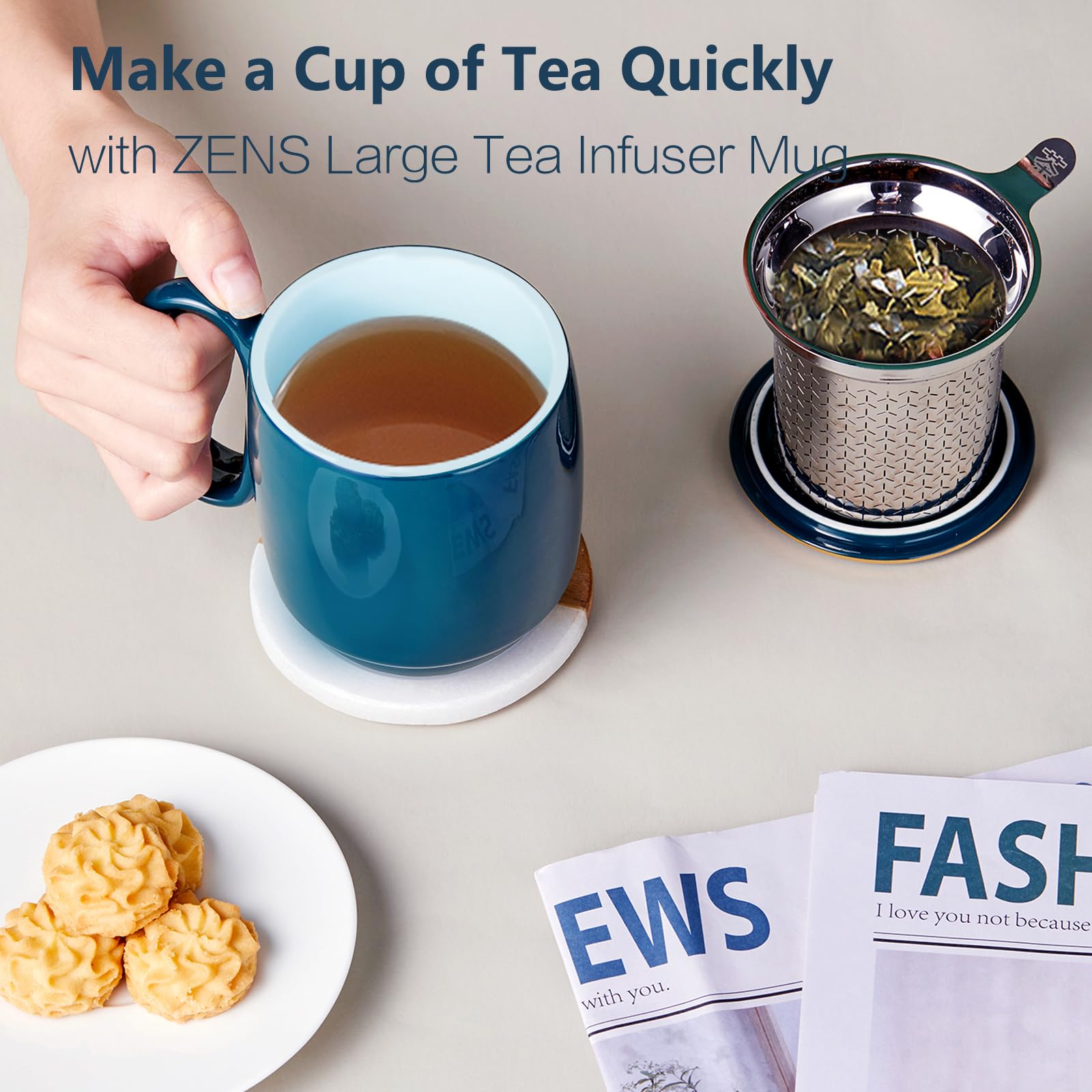 ZENS Tea Cup with Infuser and Lid, 16 Ounces Entwined Handle Porcelain Mug, Loose Tea Steeping Mug with Gold Trim Lid for Tea Gift/Navy Blue 480ML