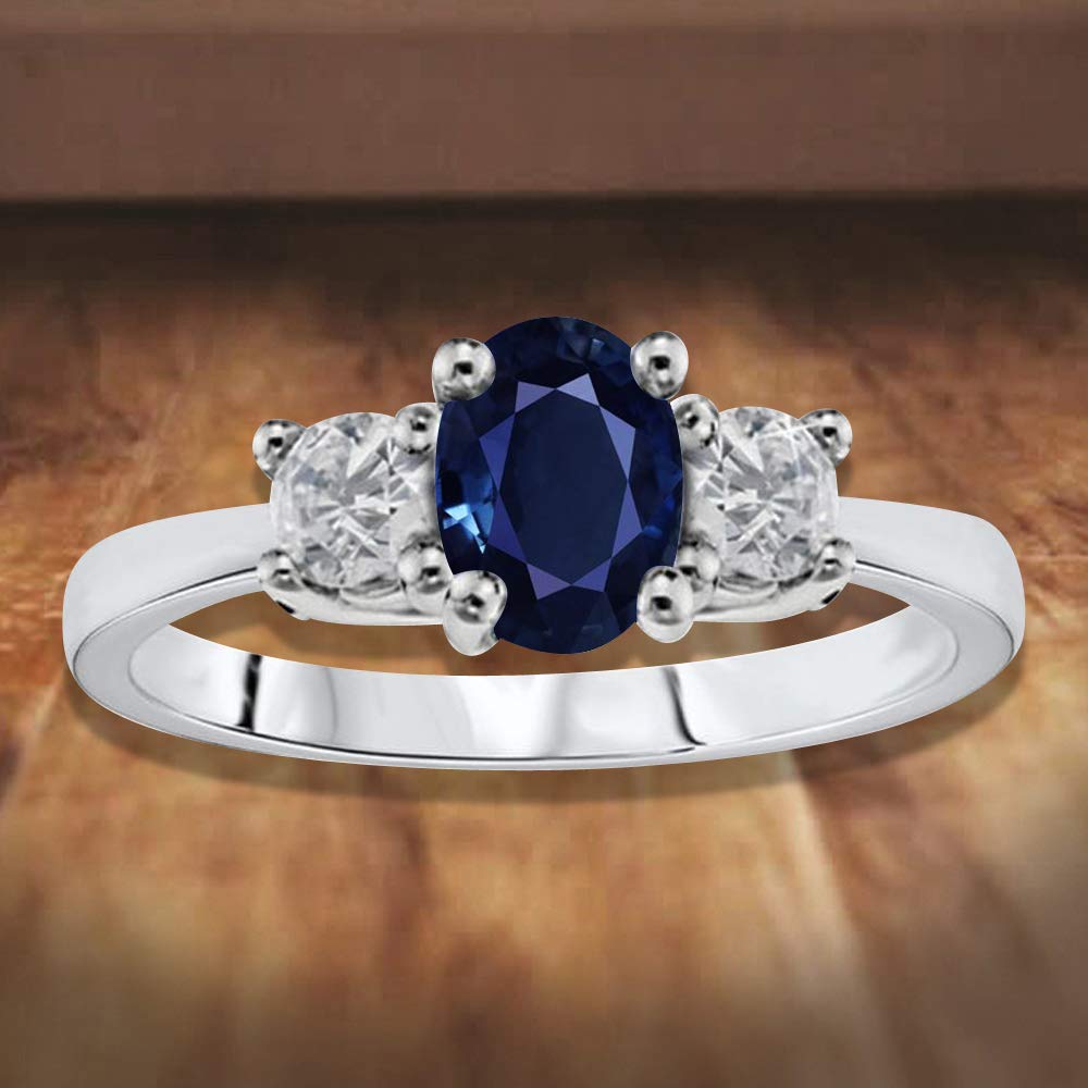 Voss+Agin Genuine Diamond (.15ctw) & Oval Sapphire (1.00ctw) 3 Stone Ring, in 14K White Gold (7)