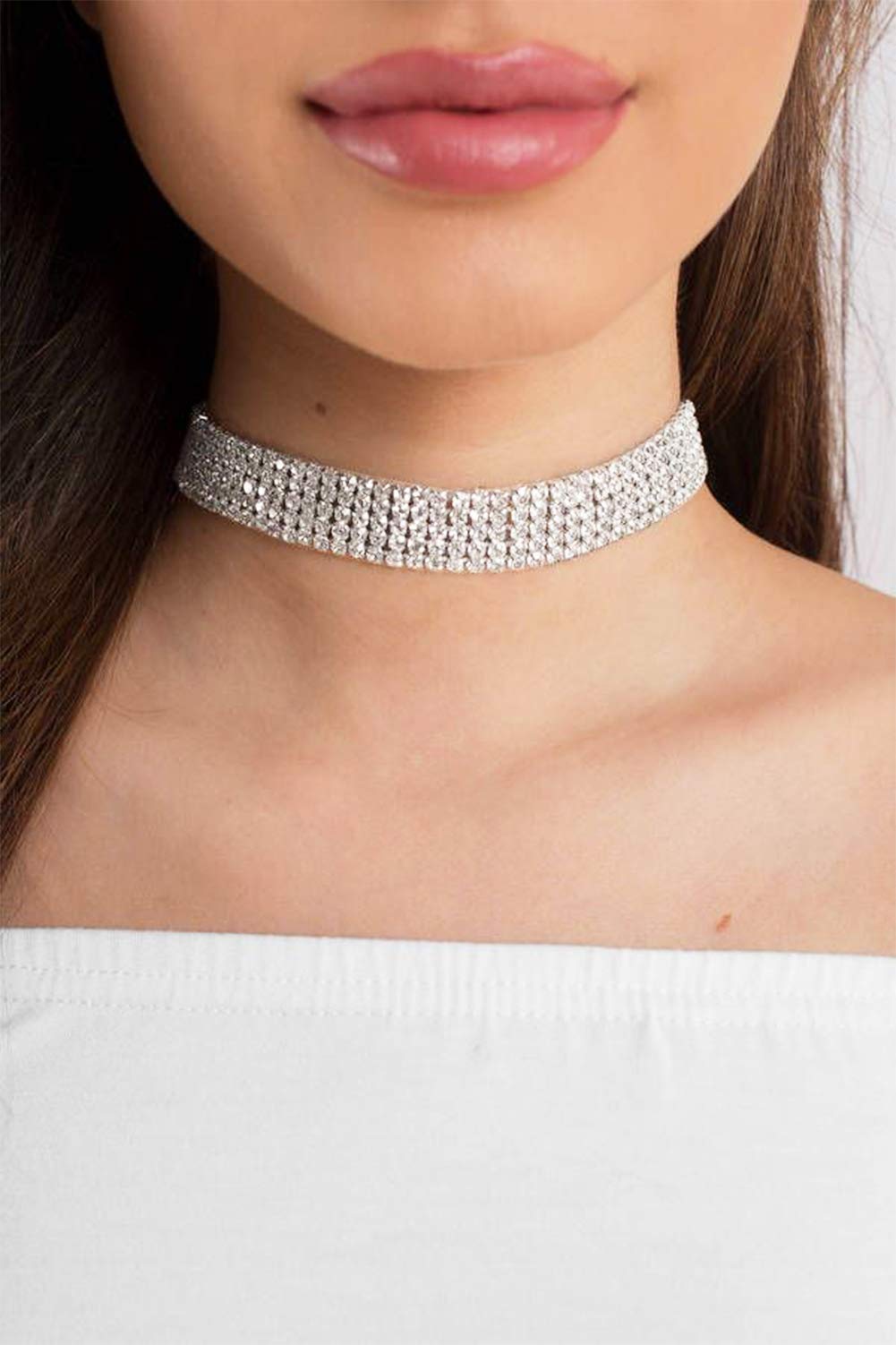 Yamberdoly Rhinestone Choker Necklaces for Women Silver Diamond Choker Necklace Set Sexy Rhinestone Wedding Choker 5 Rows